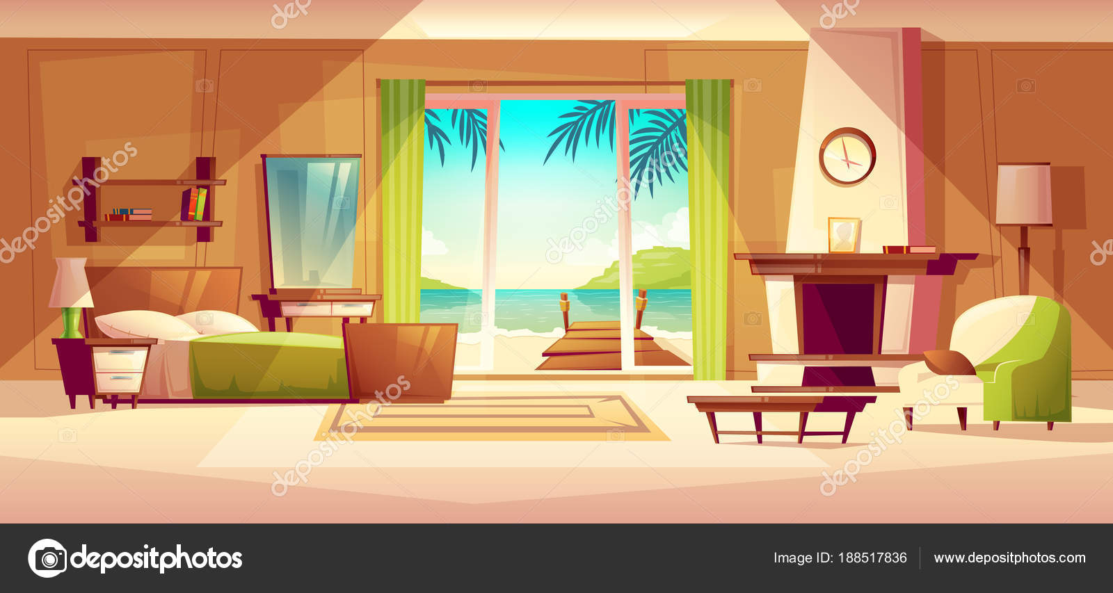 Vector panorama of villa interior. Bedroom of tropical hotel, resort ...