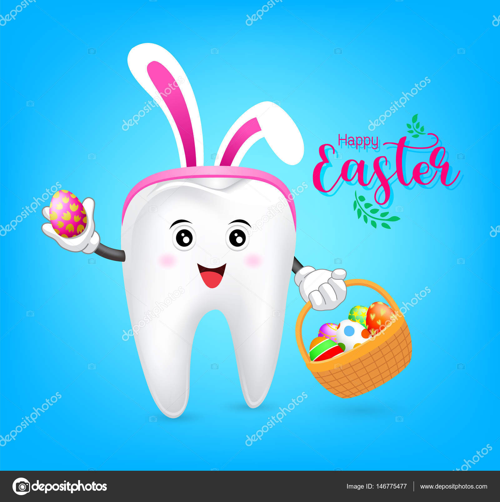 Bunny tooth character with basket of Easter eggs. Stock Vector by ...