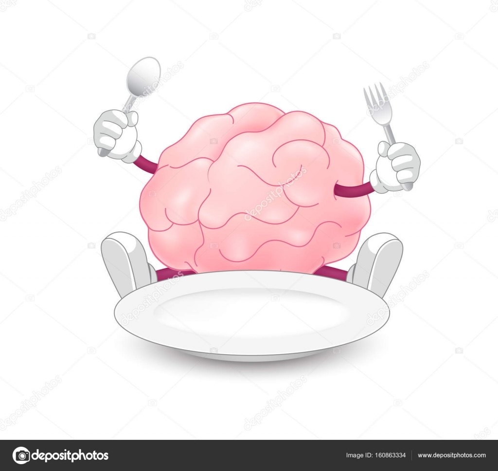Brain character holding spoon and fork with empty plate. Stock Vector ...