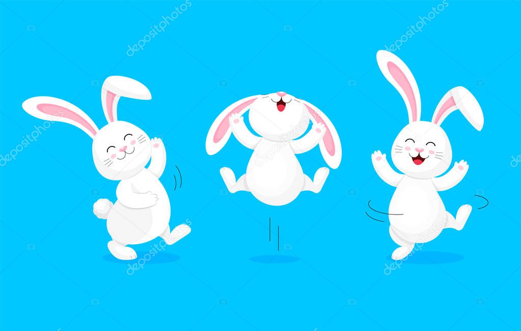 White Rabbit Jumping Dancing Cute Bunny Happy Easter Day Cartoon ...