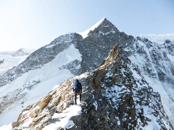 mountain guide heads towards the summit of a high alpine peak as he ...