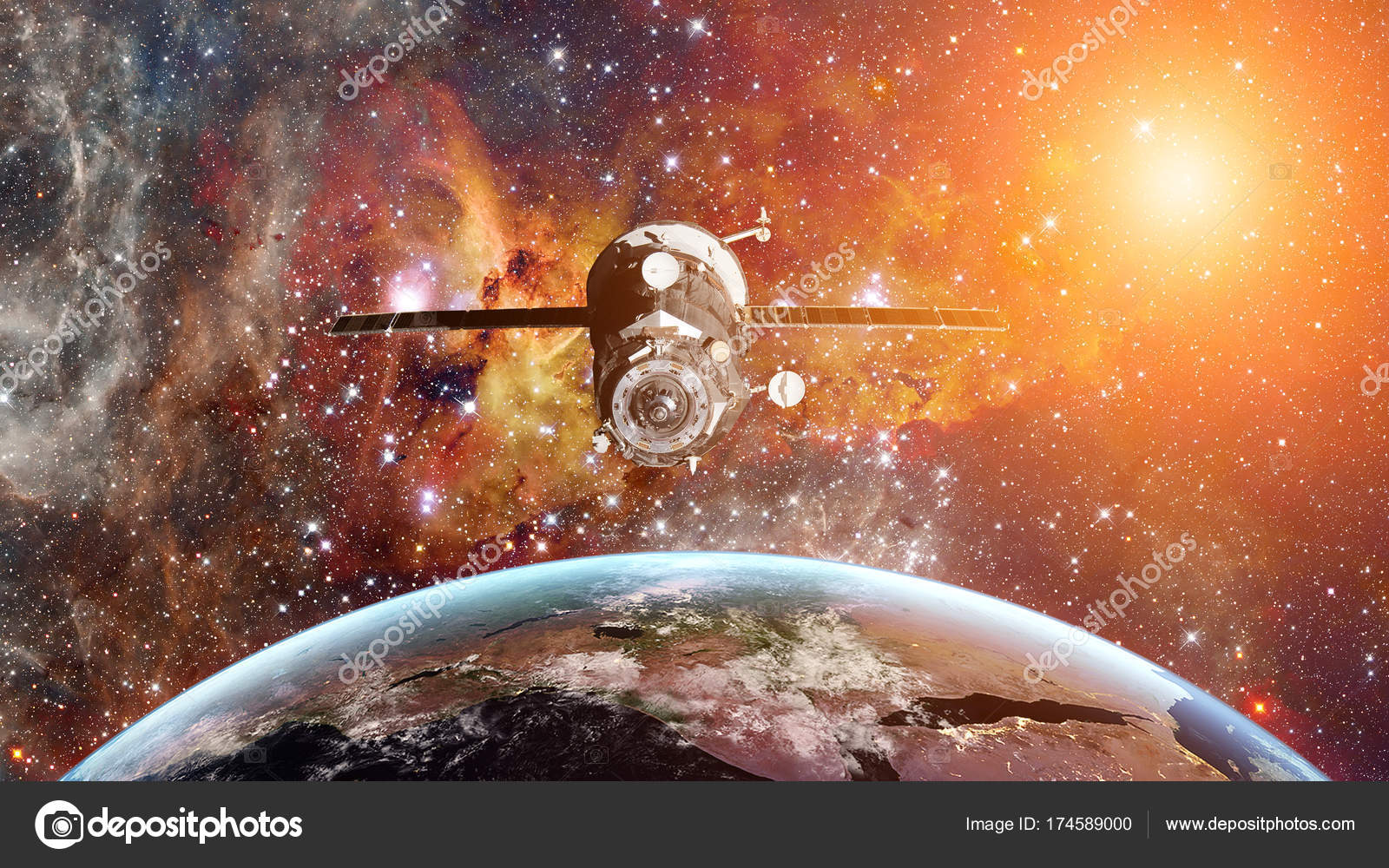 Cargo spaceship in the space. Elements of earth on this image furnished ...