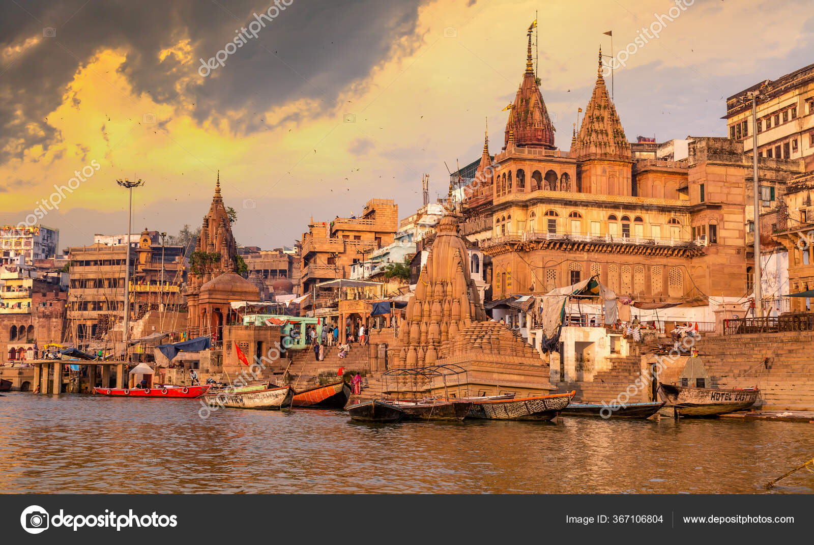 Historic Varanasi City Ganges River Ghat Sunset Ancient Temples ...