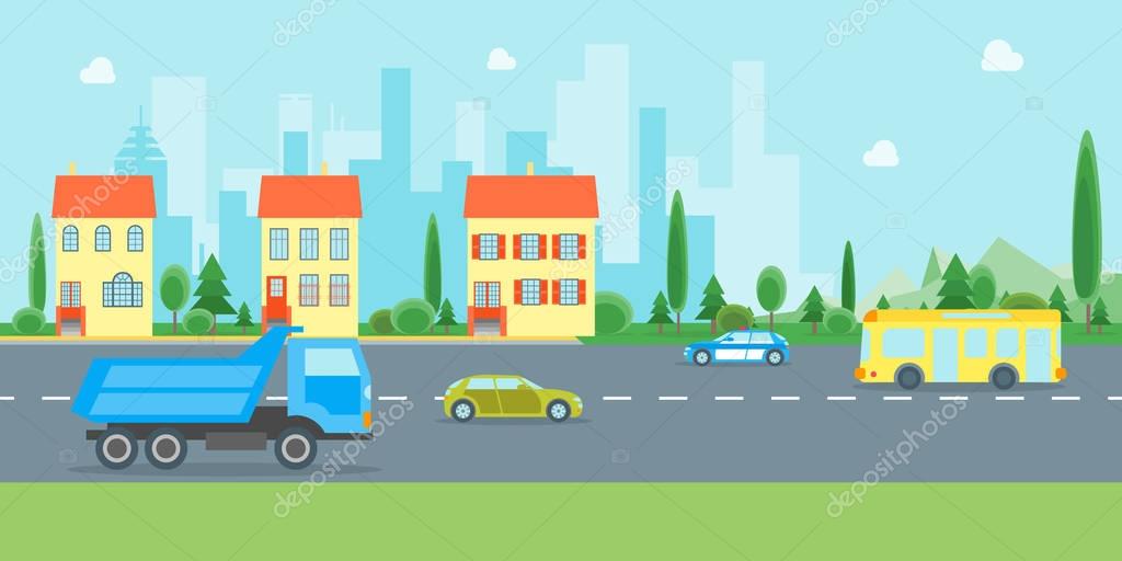 Paisaje urbano de dibujos animados con carretera y transporte. Vector 2024
