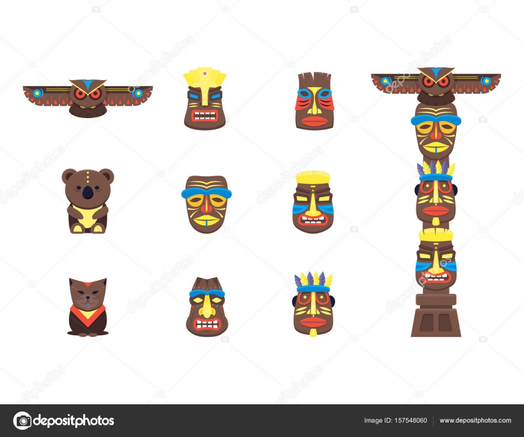 Cartoon Traditional Religious Totem Color Icons Set. Vector Stock ...