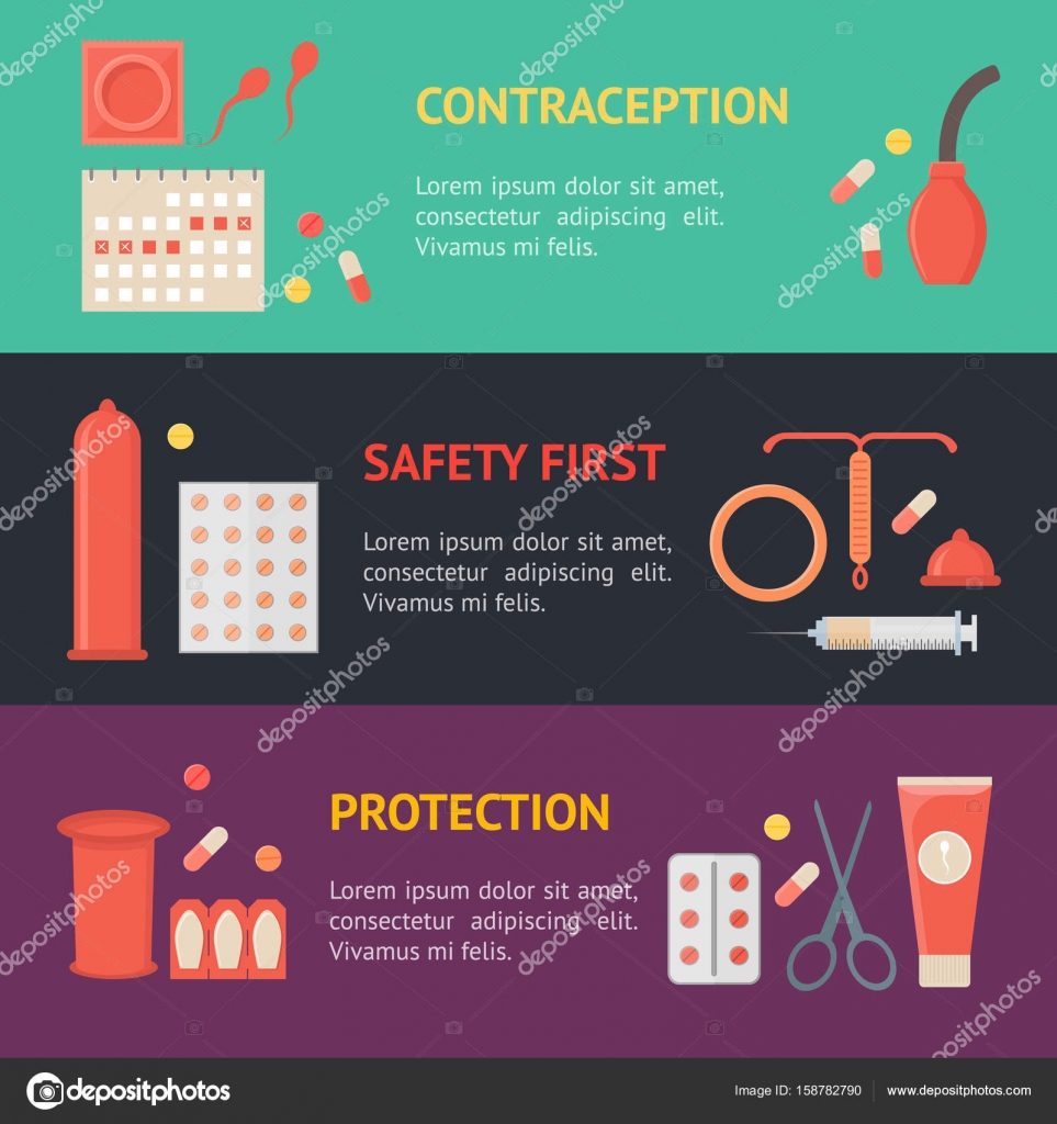 Cartoon Contraception Method Banner Horizontal Set Vector Stock