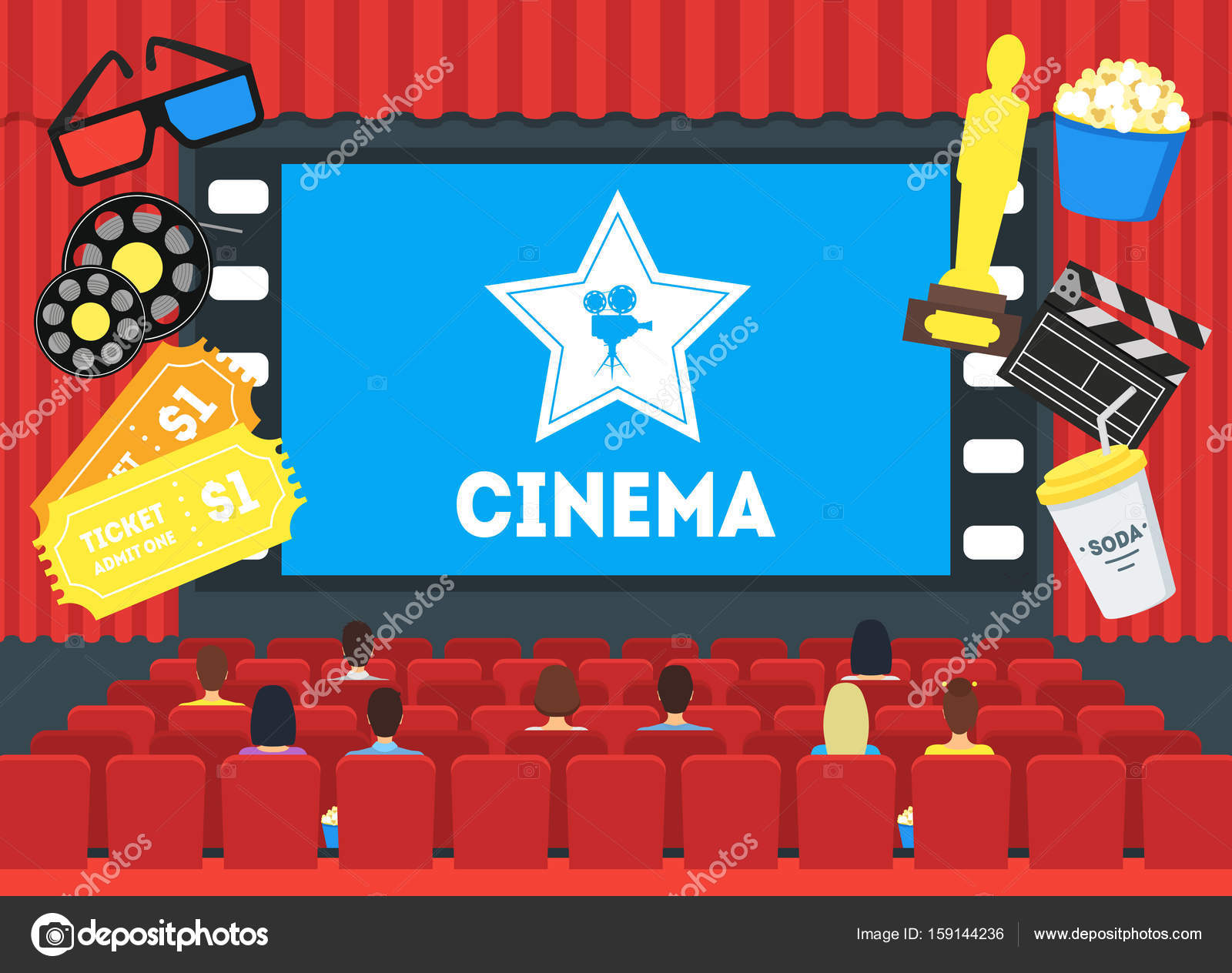 Interior del concepto de cine de dibujos animados. Vector vector ...