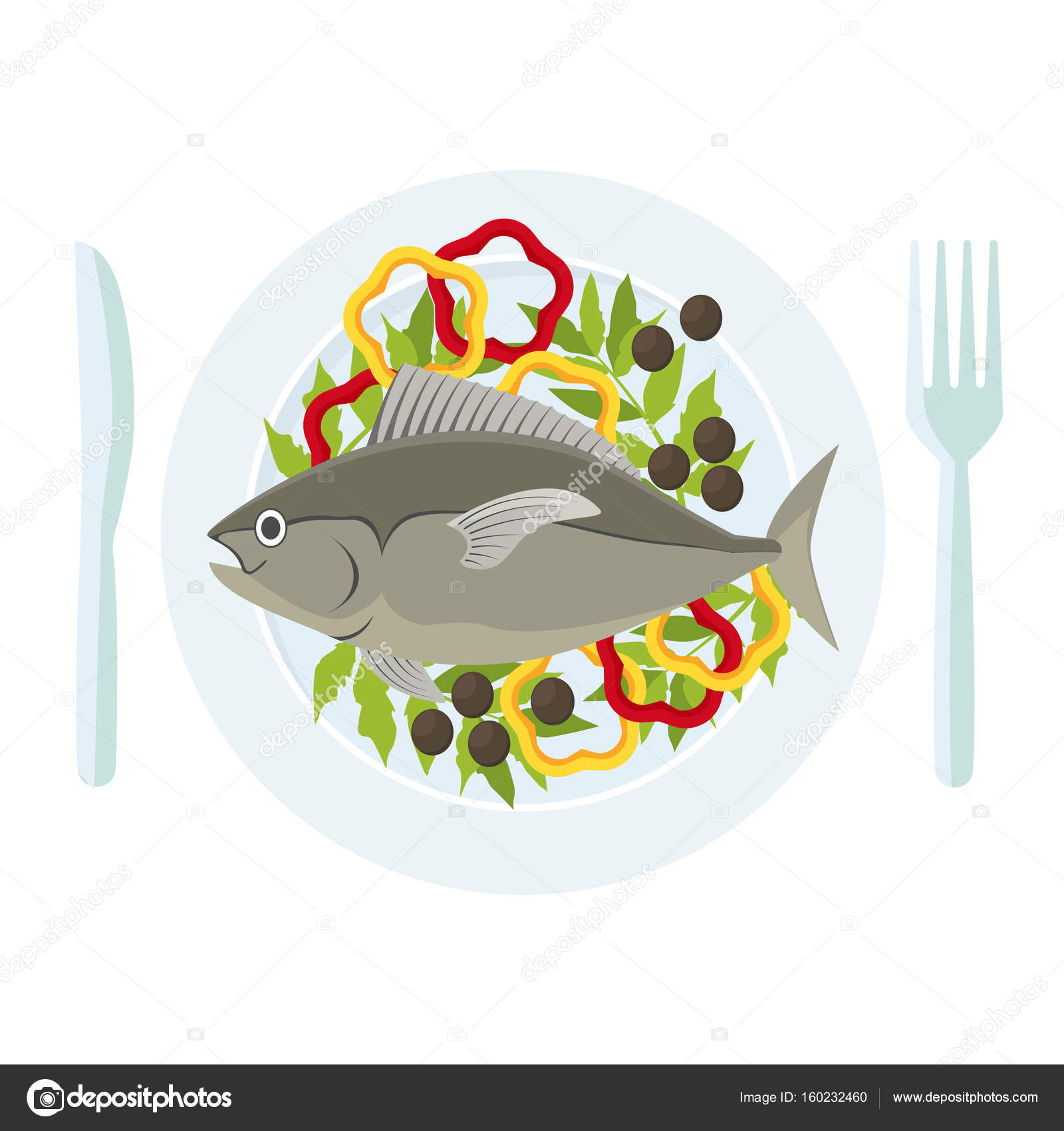 Cartoon Fish and Fresh Vegetables on a Plate. Vector Stock Vector Image ...