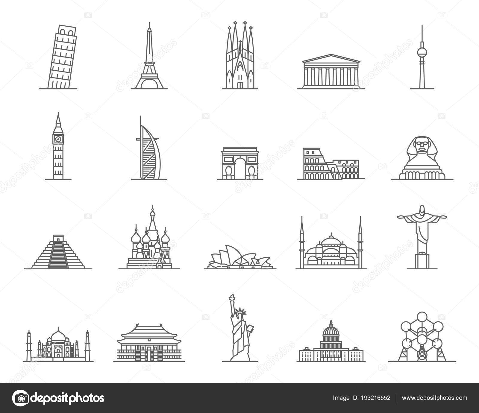 World Landmarks Signs Black Thin Line Icon Set. Vector — Stock Vector ...