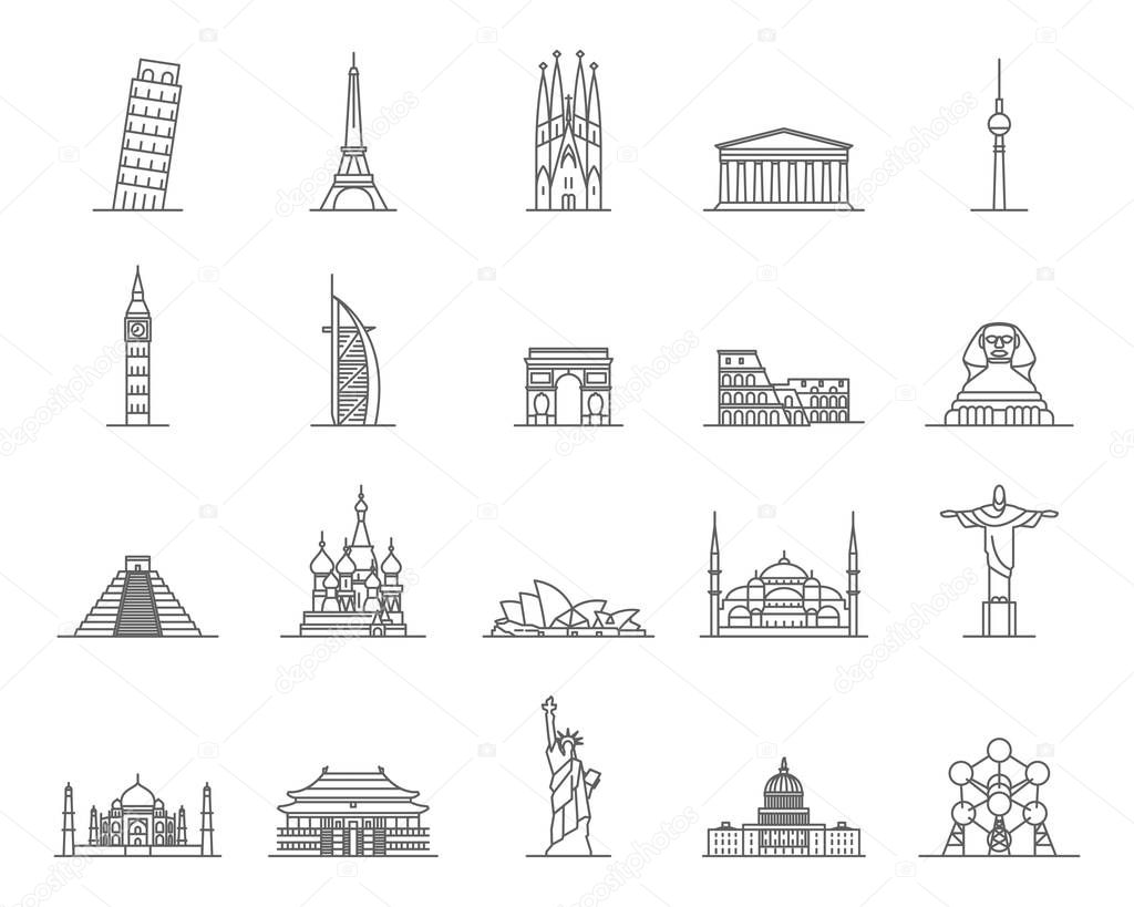 World Landmarks Signs Black Thin Line Icon Set. Vector — Stock Vector ...