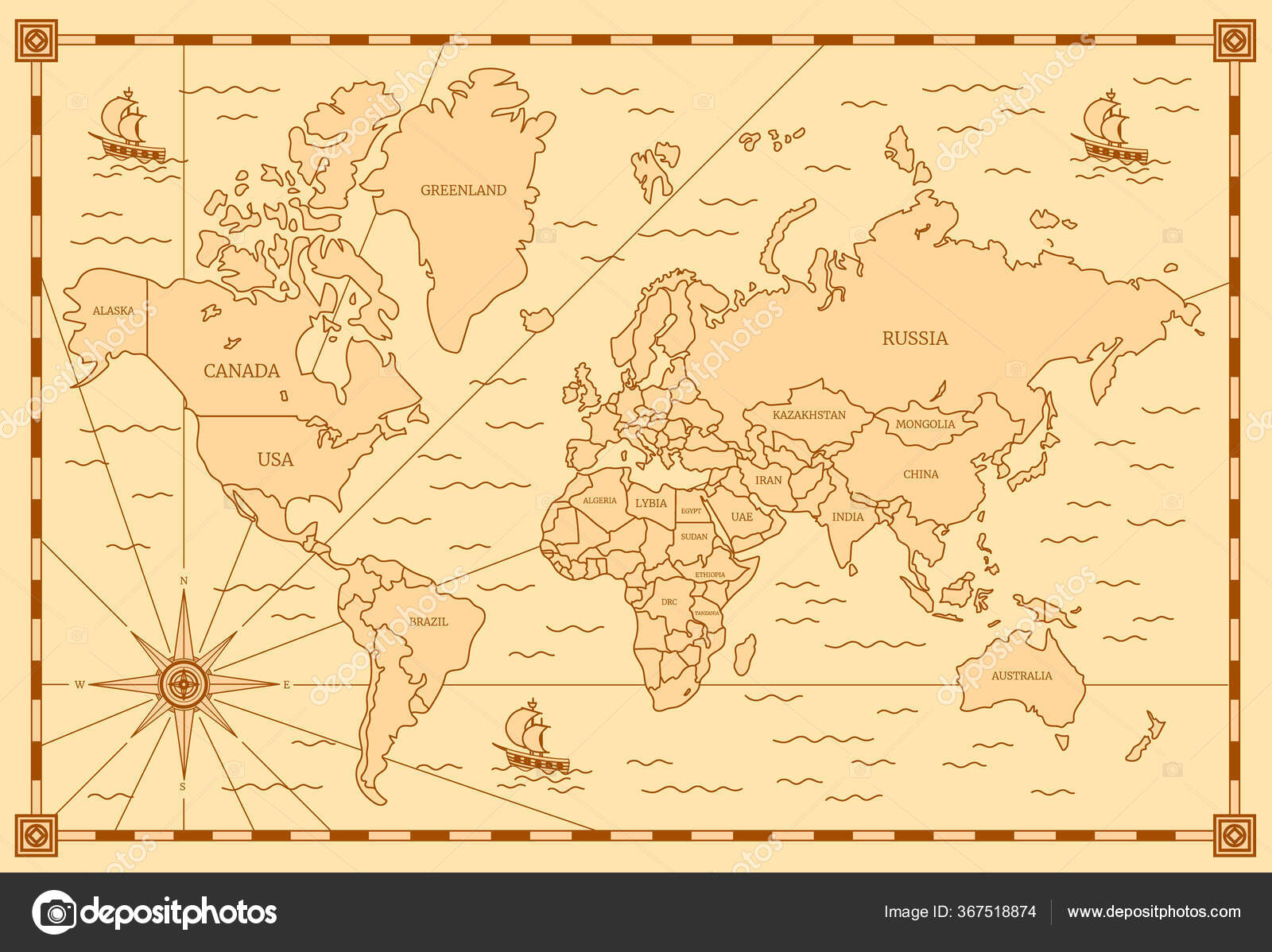 Color Classic Style of World Map with Thin Lines Elements. Vector Stock ...