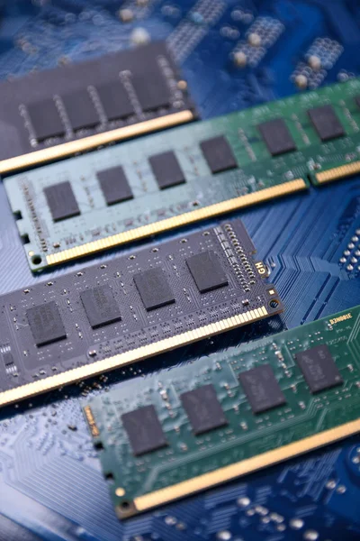 Computer RAM on motherboard background . Close up. Computer components ...