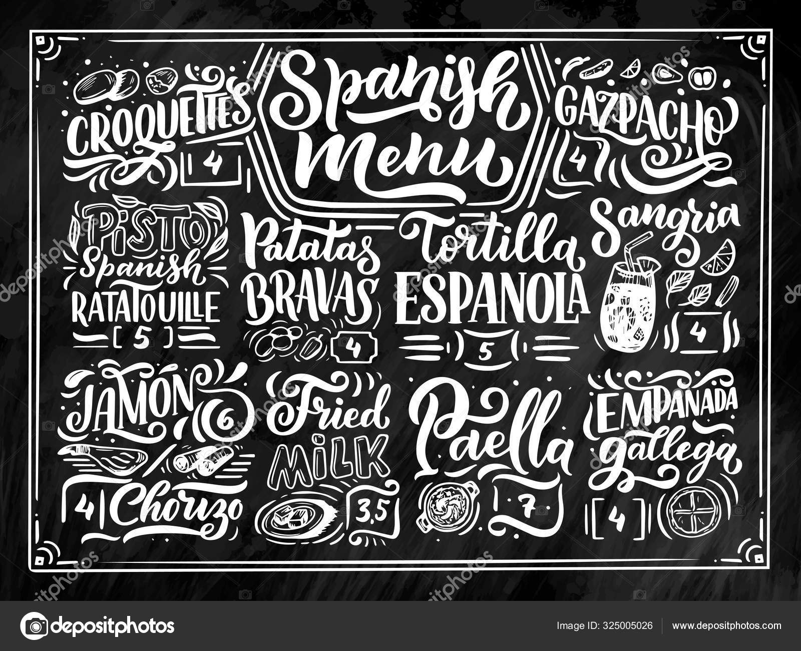 Freehand Sketch Style Drawing Spanish Menu Different Food Names Various ...