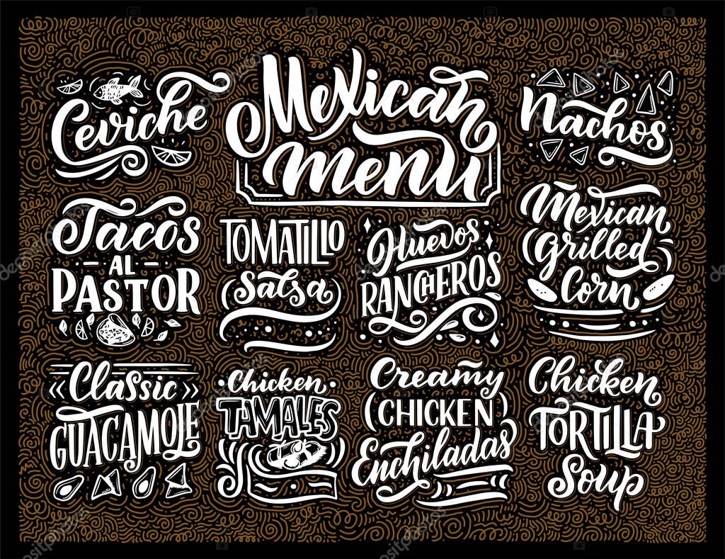Menú mexicano con letras con nombres de comida tradicional Guacamole ...