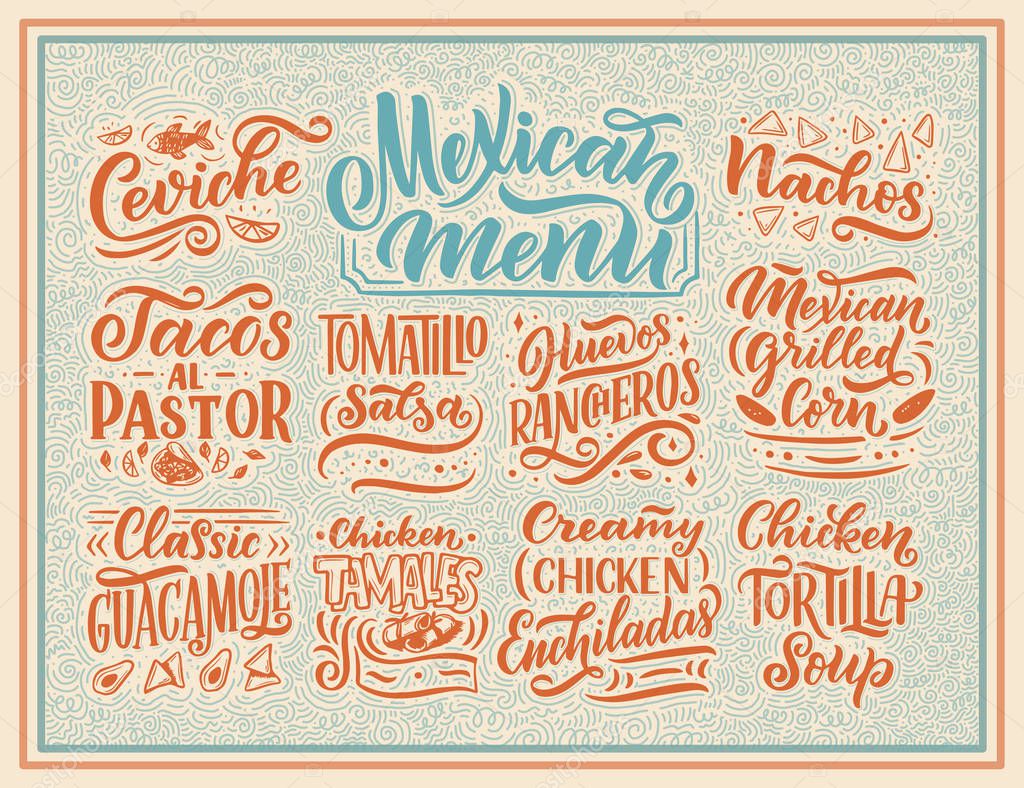 Menú mexicano con letras con nombres de comida tradicional Guacamole ...