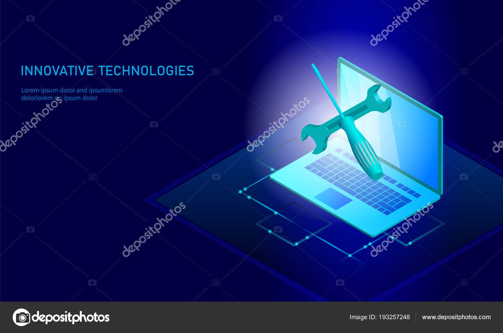 Computer service repair isometric laptop. 3d blue flat technical ...