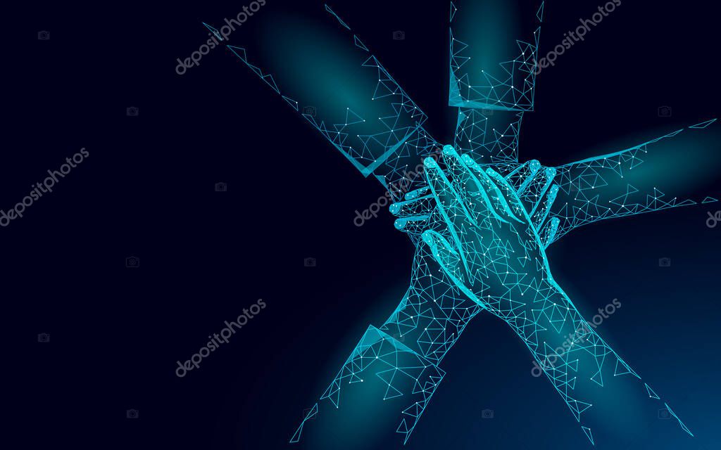 La gente da cinco manos juntas. El éxito del trabajo en equipo apoya ...