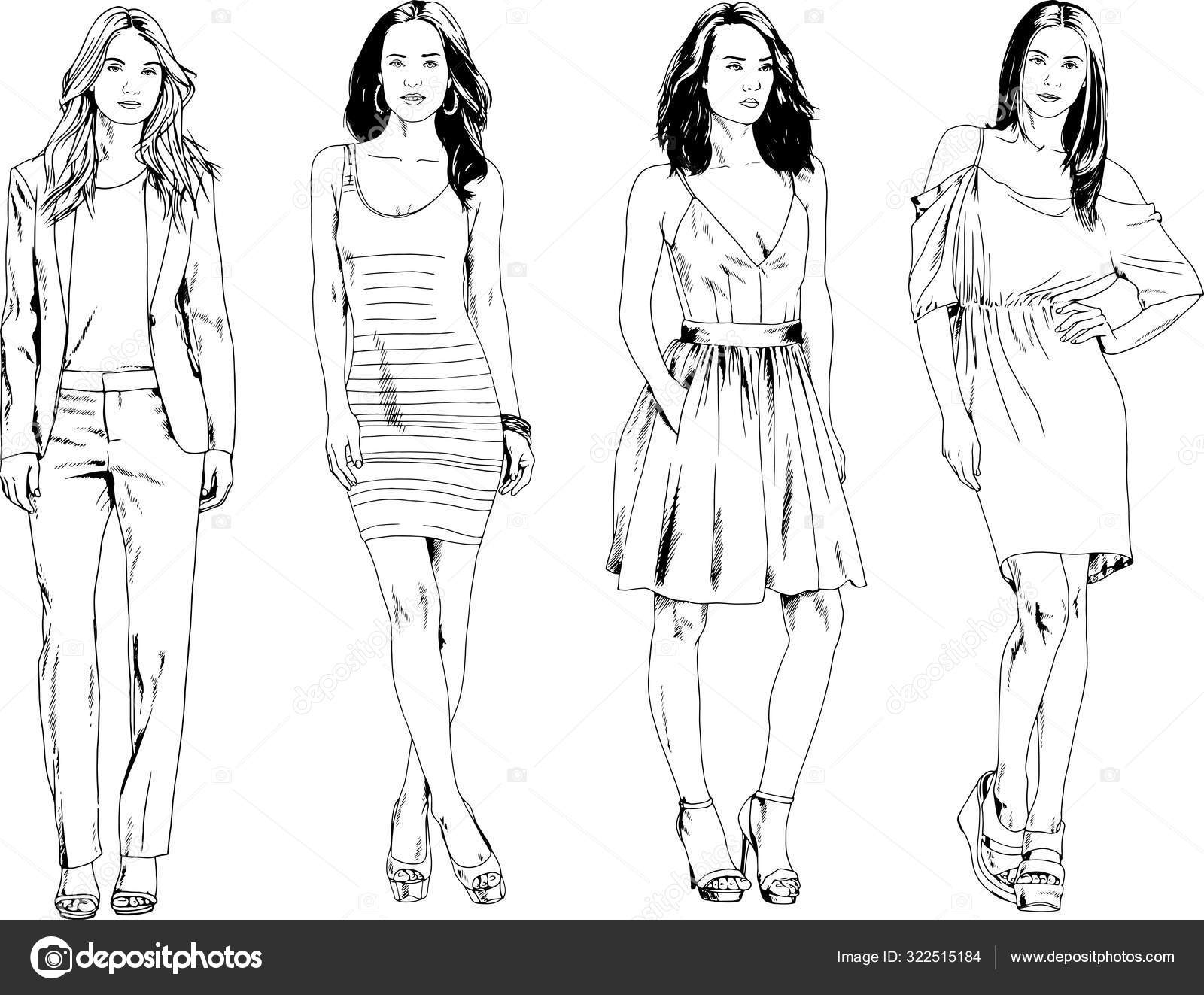 Vector Drawings Theme Beautiful Slim Sporty Girl Casual Clothes Various ...