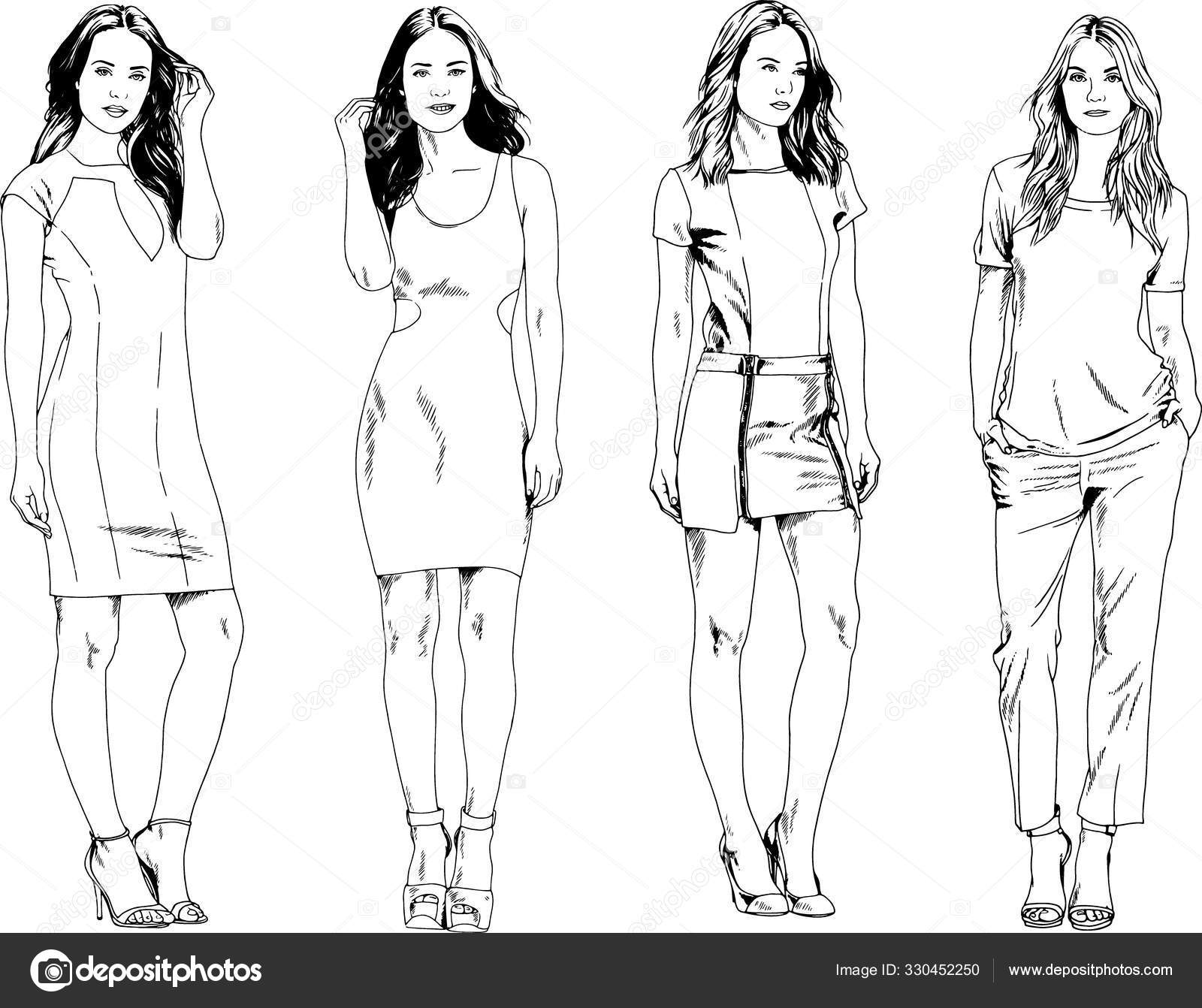 Vector Drawings Theme Beautiful Slim Sporty Girl Casual Clothes Various ...