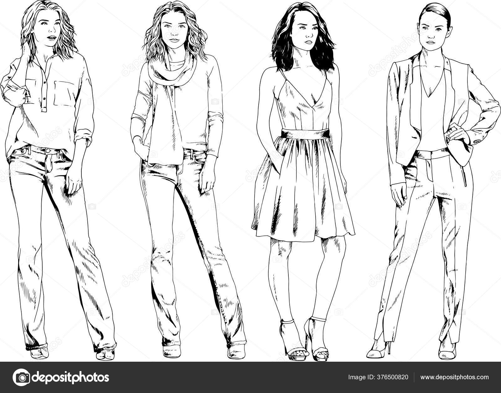 Vector Drawings Theme Beautiful Slim Sporty Girl Casual Clothes Various ...