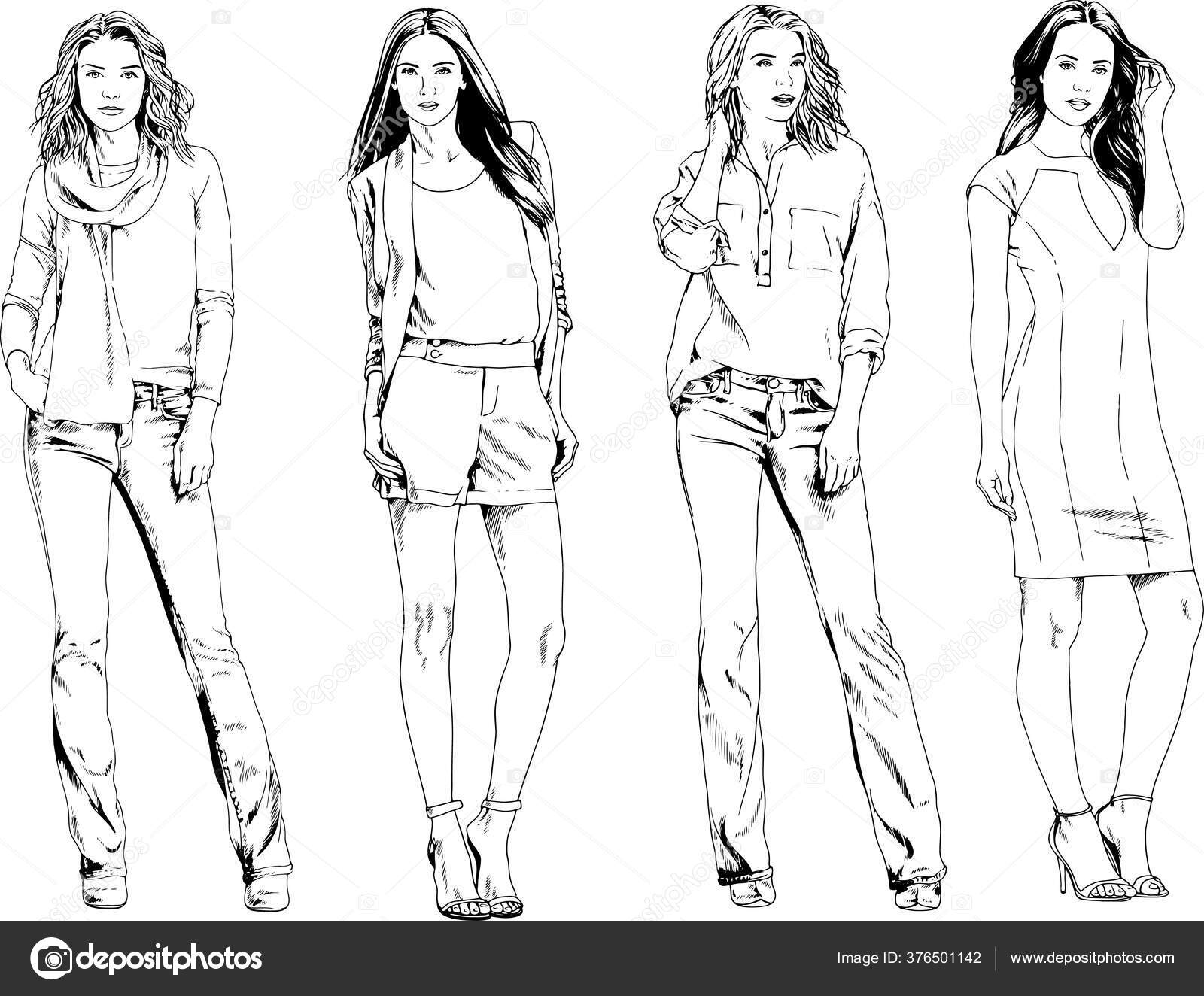 Vector Drawings Theme Beautiful Slim Sporty Girl Casual Clothes Various ...