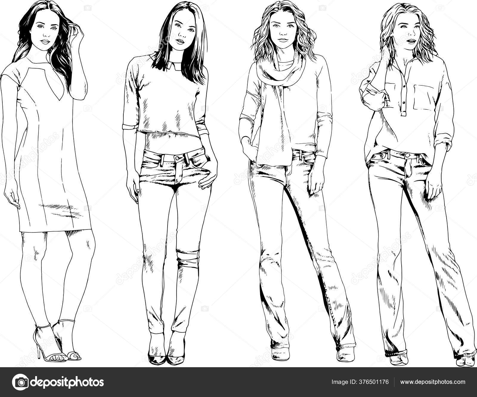 Vector Drawings Theme Beautiful Slim Sporty Girl Casual Clothes Various ...