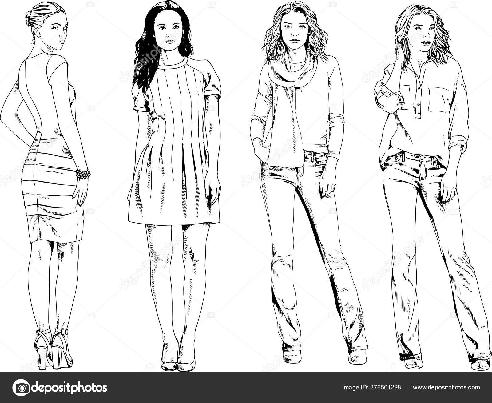 Vector Drawings Theme Beautiful Slim Sporty Girl Casual Clothes Various ...