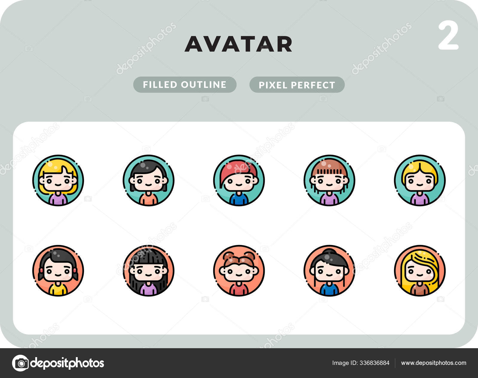 Avatars Filled Icons Pack for UI. Pixel perfect thin line vector icon ...