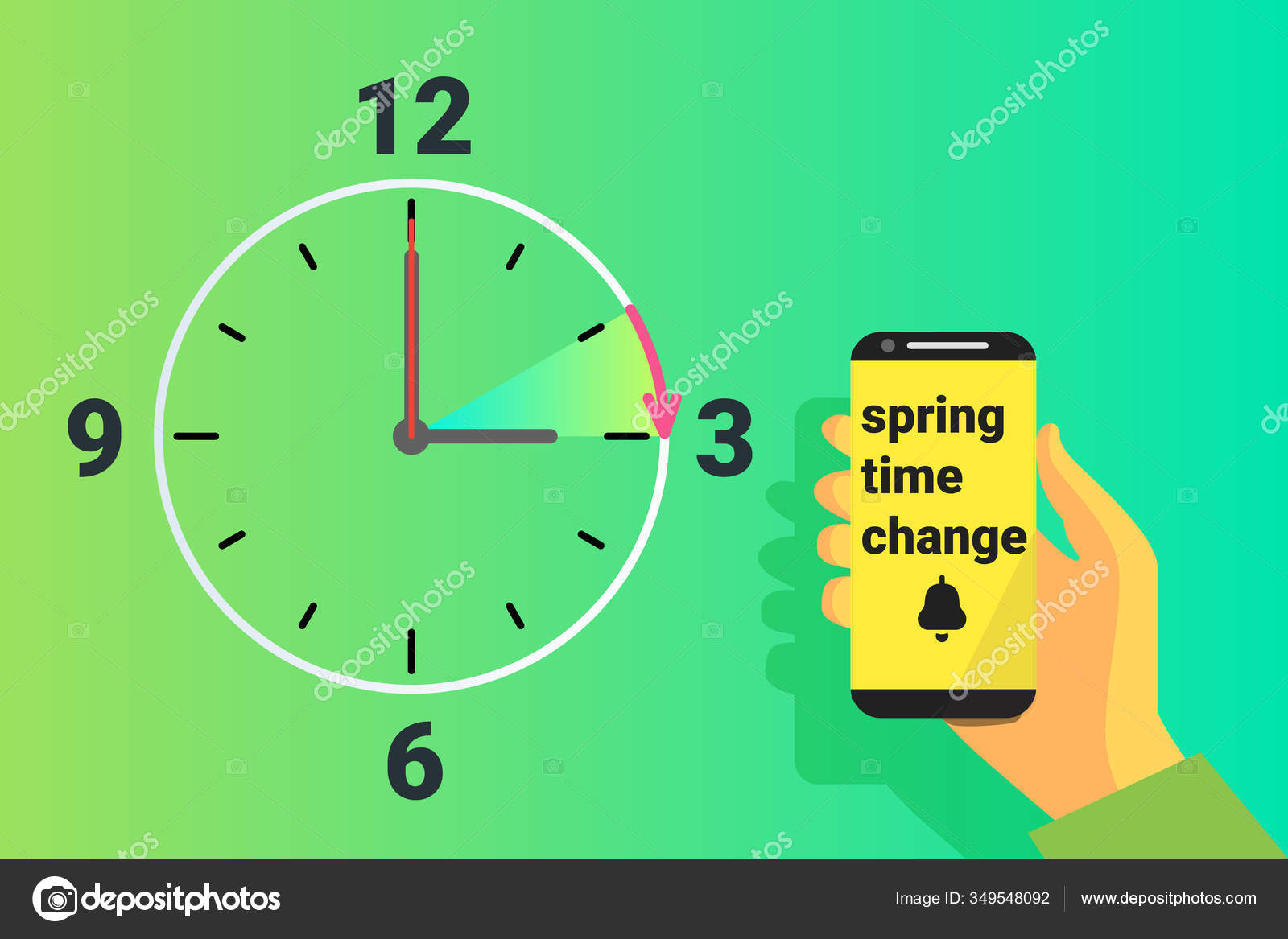 Spring Time forward. Summer clock change. Daylight saving time. Vector ...