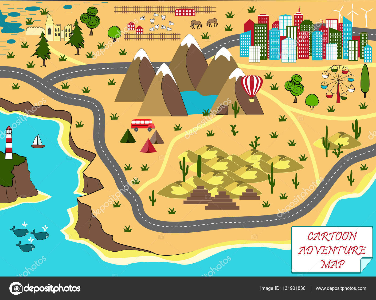 Mapa de dibujos animados con mar, montañas, desierto y ciudad — Vector ...