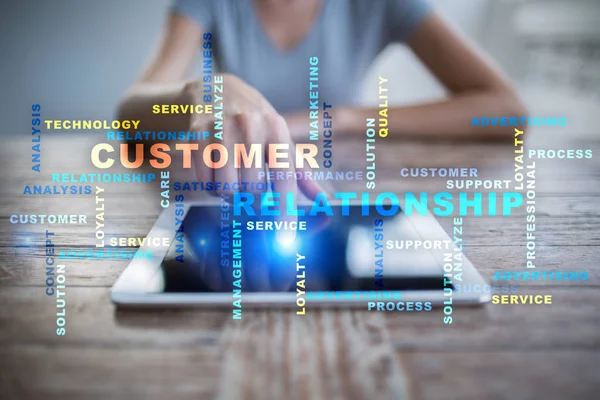 Customer relationship management concept on the virtual screen. Words ...