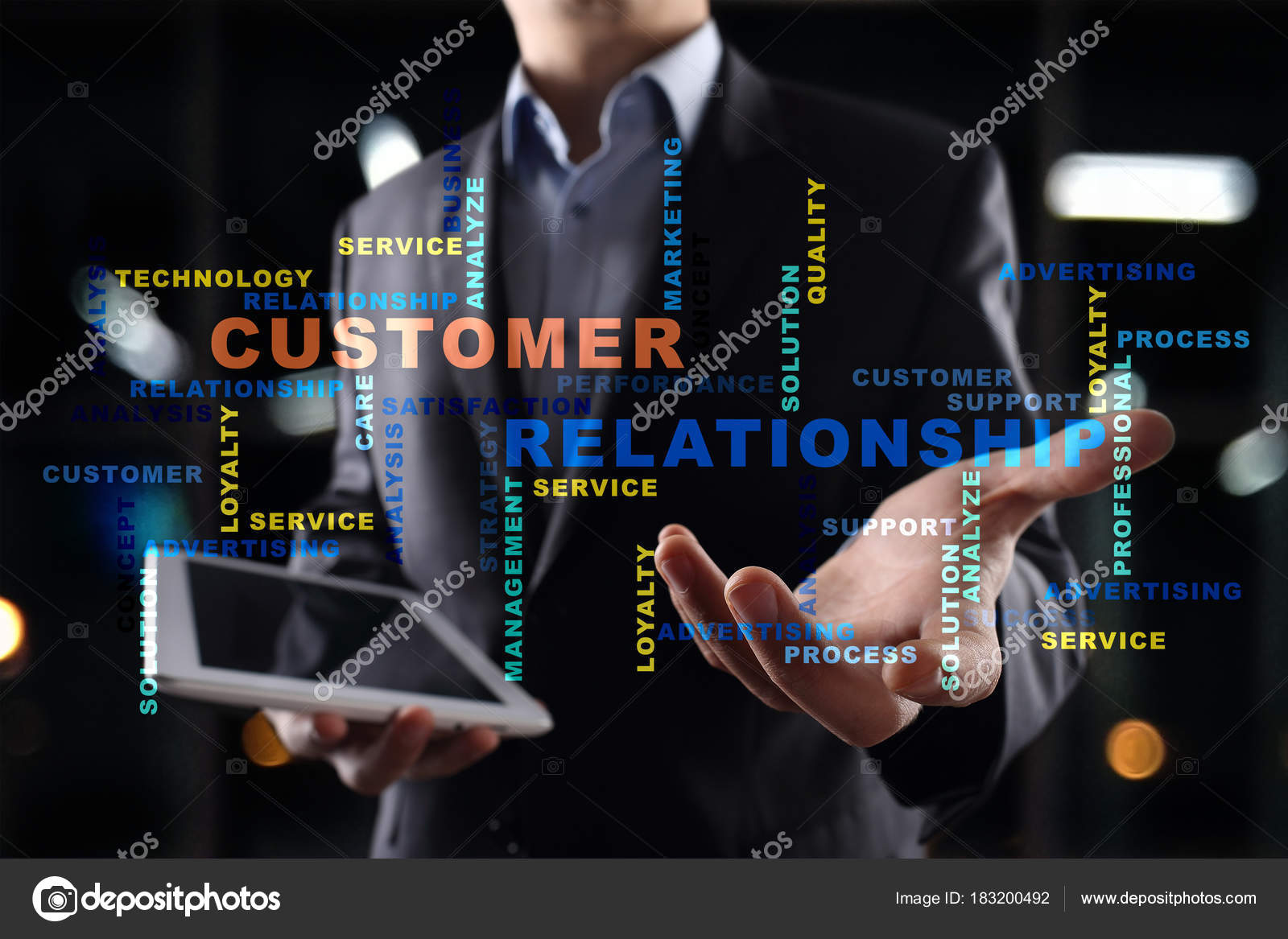 Customer relationship management concept on the virtual screen. Words ...