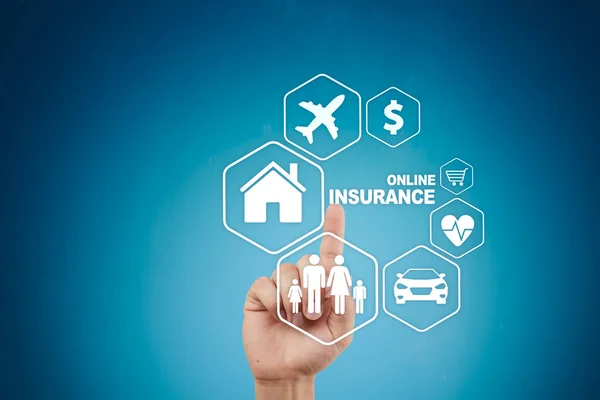 Online insurance on virtual screen. Life, car, property, health and ...