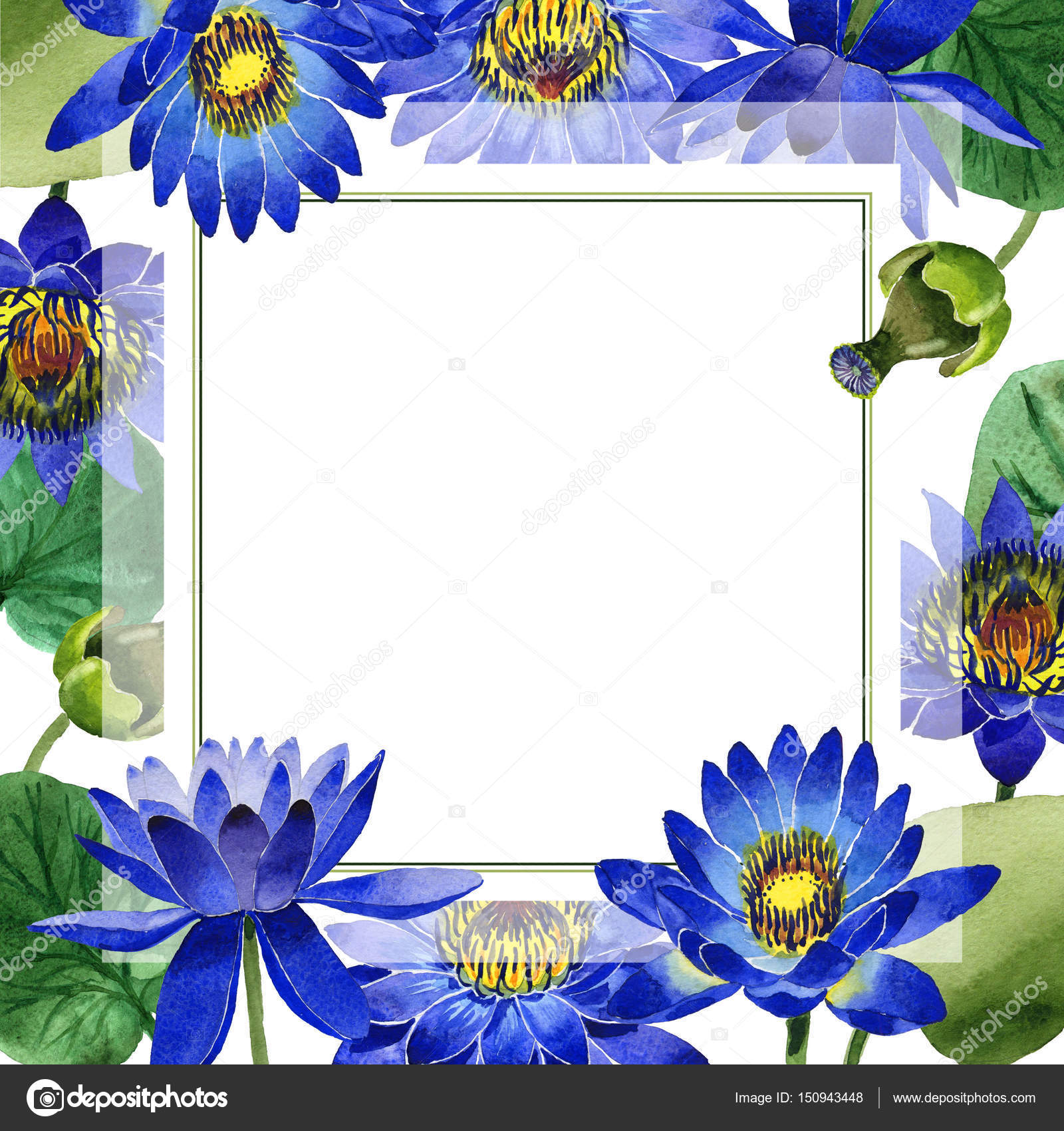 Wildflower blue lotus flower frame in a watercolor style isolated ...