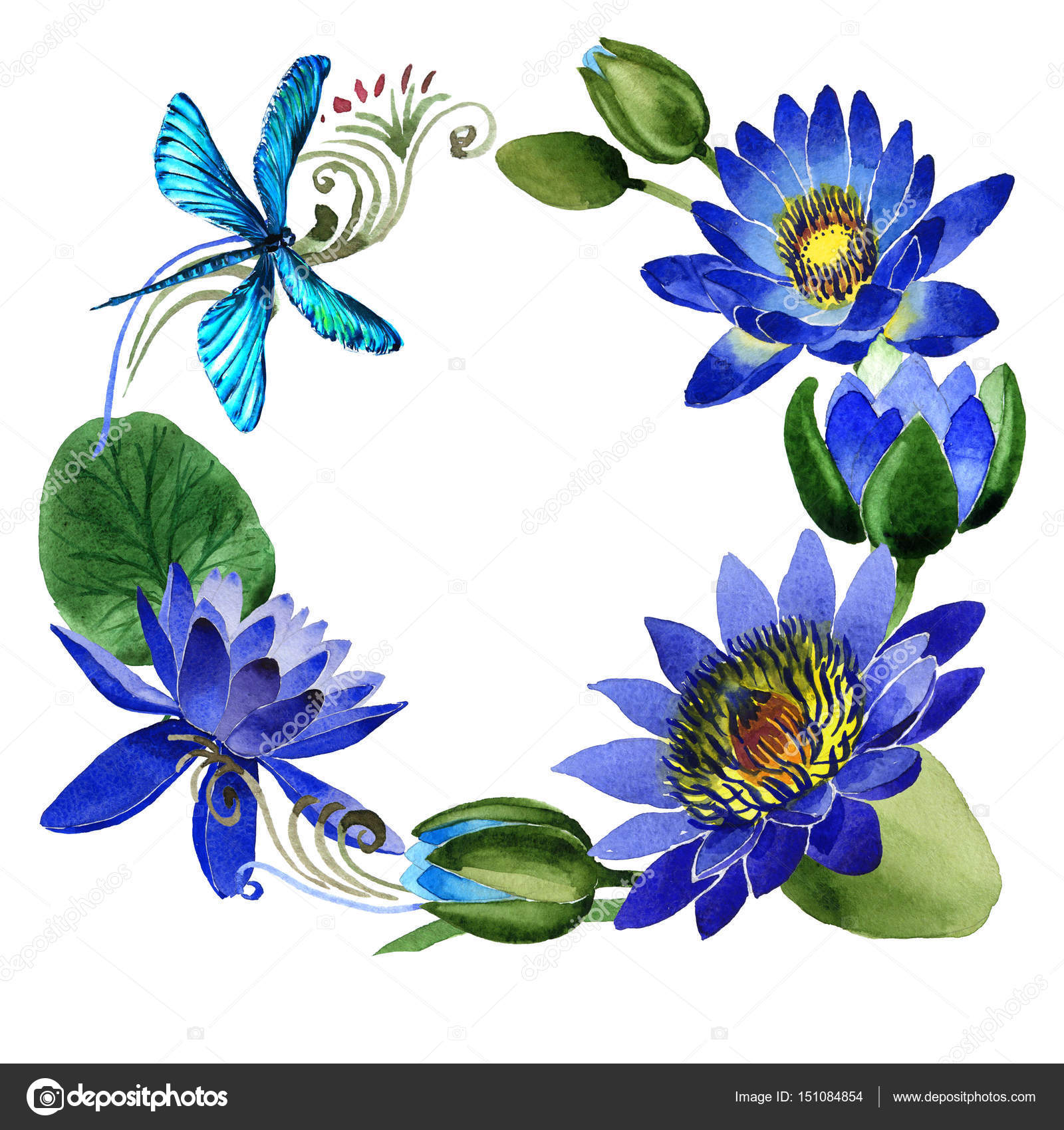 Wildflower blue lotus flower frame in a watercolor style isolated ...