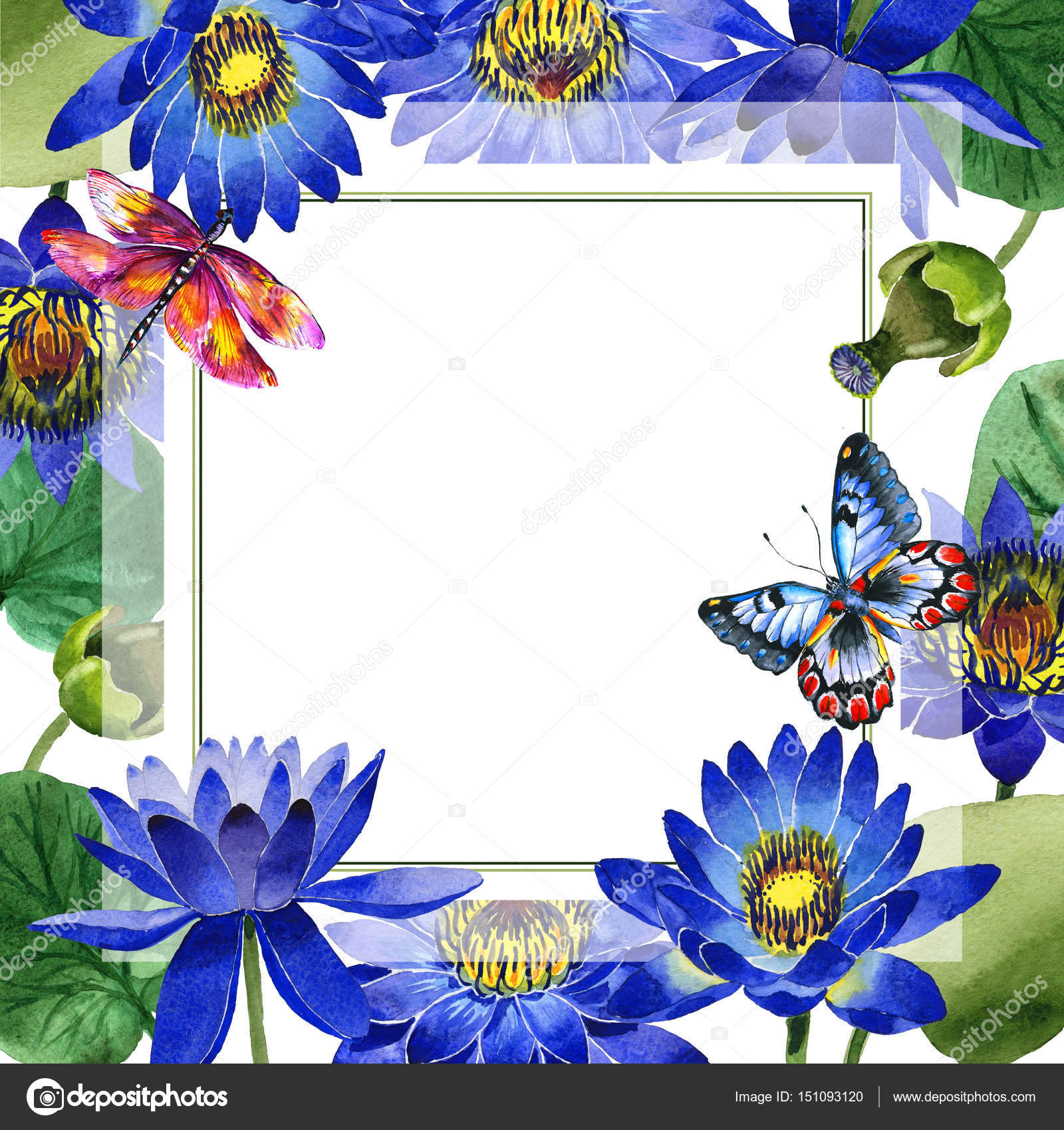Wildflower blue lotus flower frame in a watercolor style isolated ...