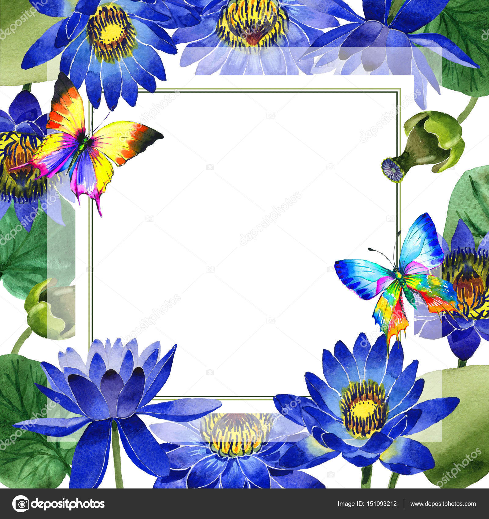 Wildflower blue lotus flower frame in a watercolor style isolated ...