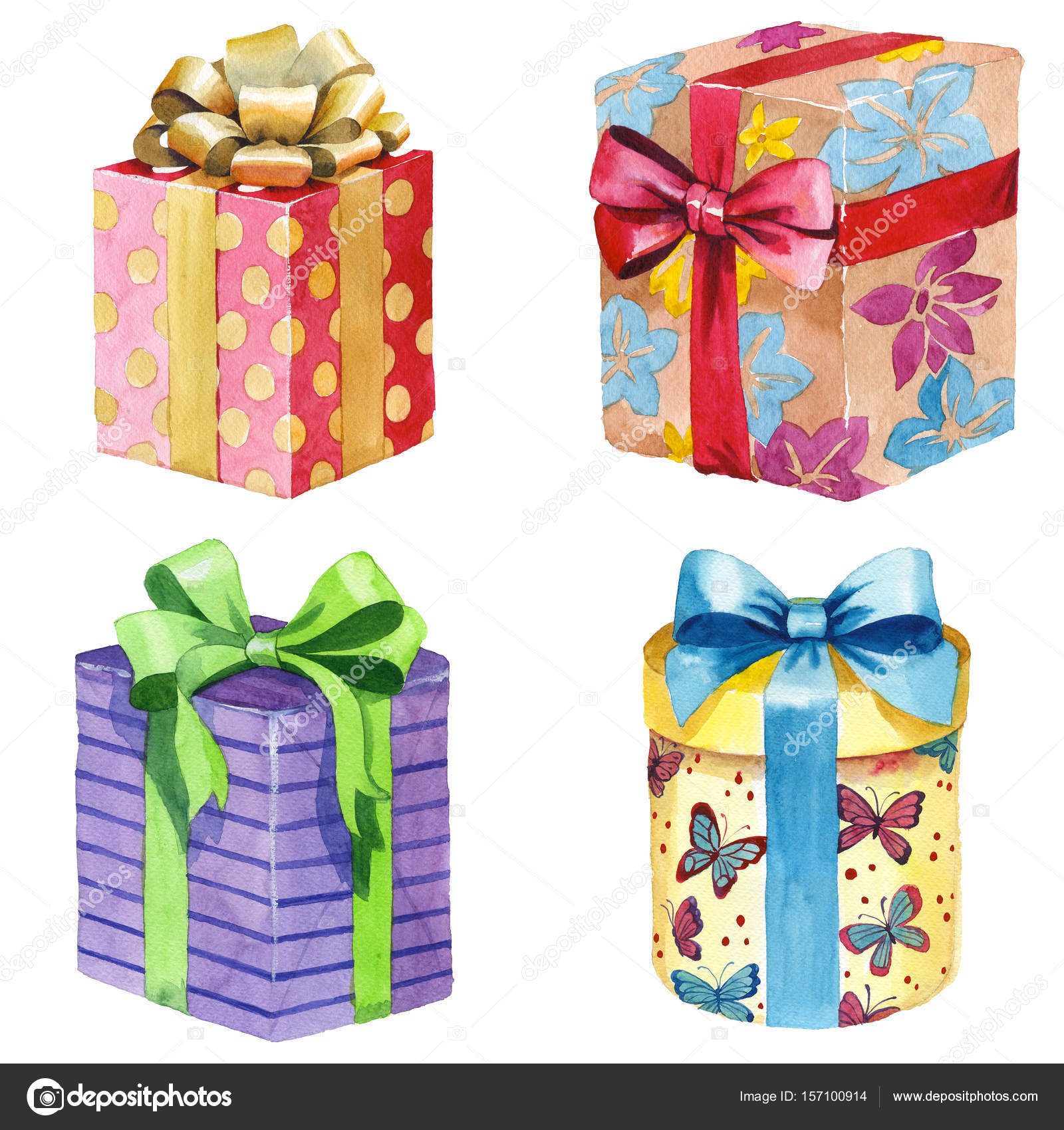 Watercolor birthday gift box illustration. Wrapped gift boxes with a ...
