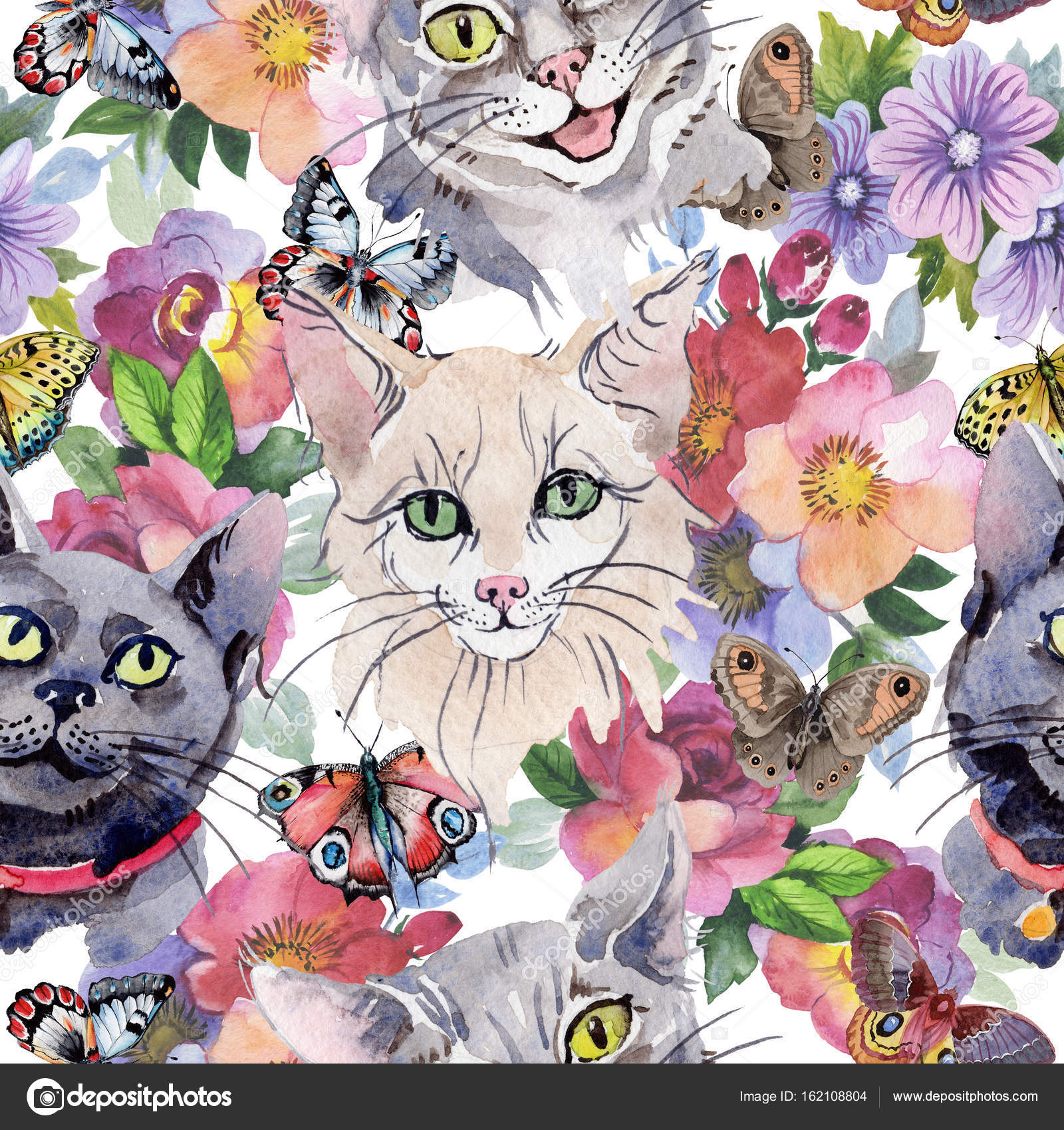 Cat wild animal pattern in a watercolor style. Stock Illustration by ...