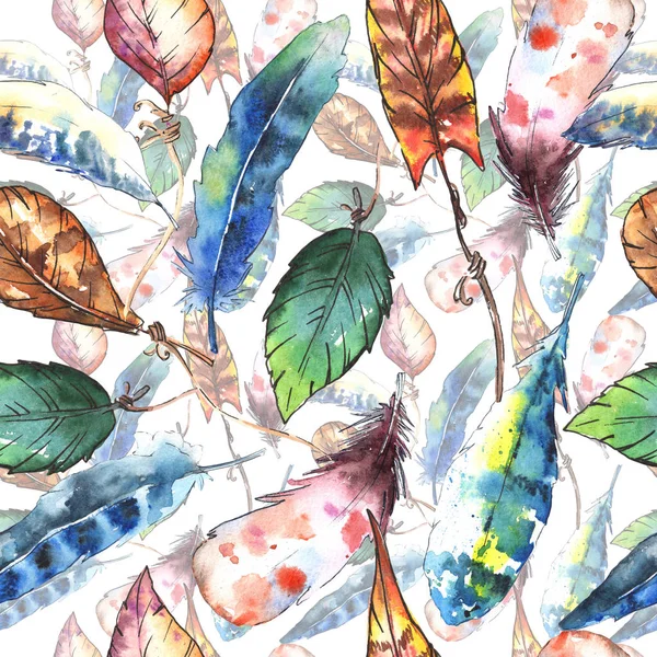 Colorful bird feather from wing isolated. Watercolor background ...