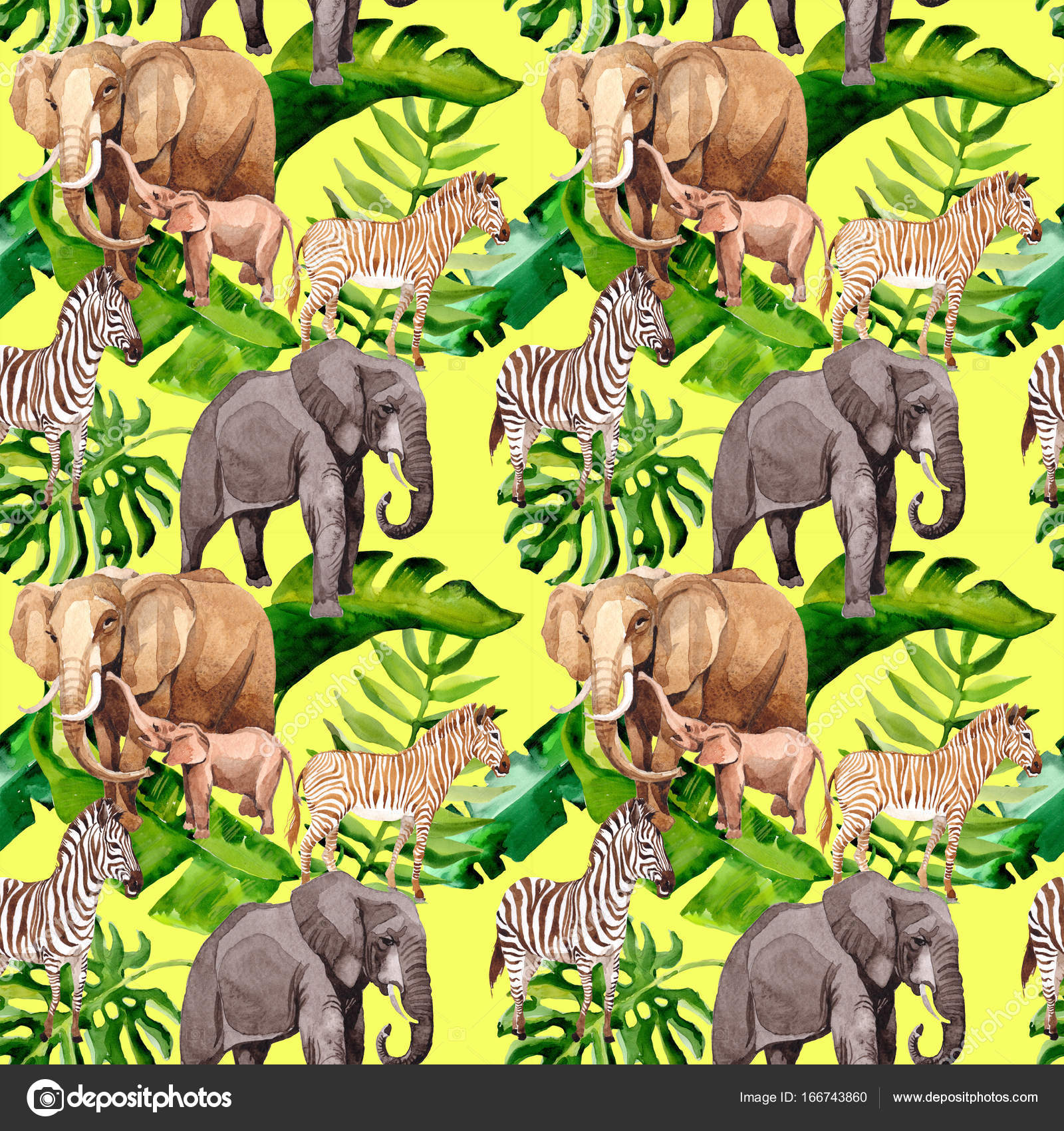 Exotic zebra and elephant wild animals pattern in a watercolor style ...