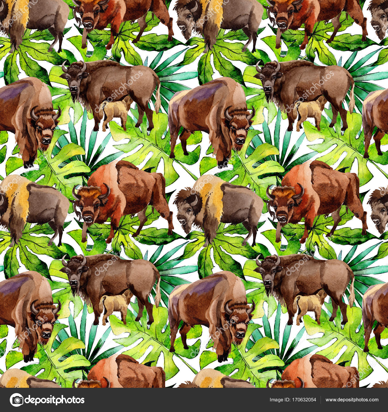 Exotic bison wild animal pattern in a watercolor style. Stock Photo by ...
