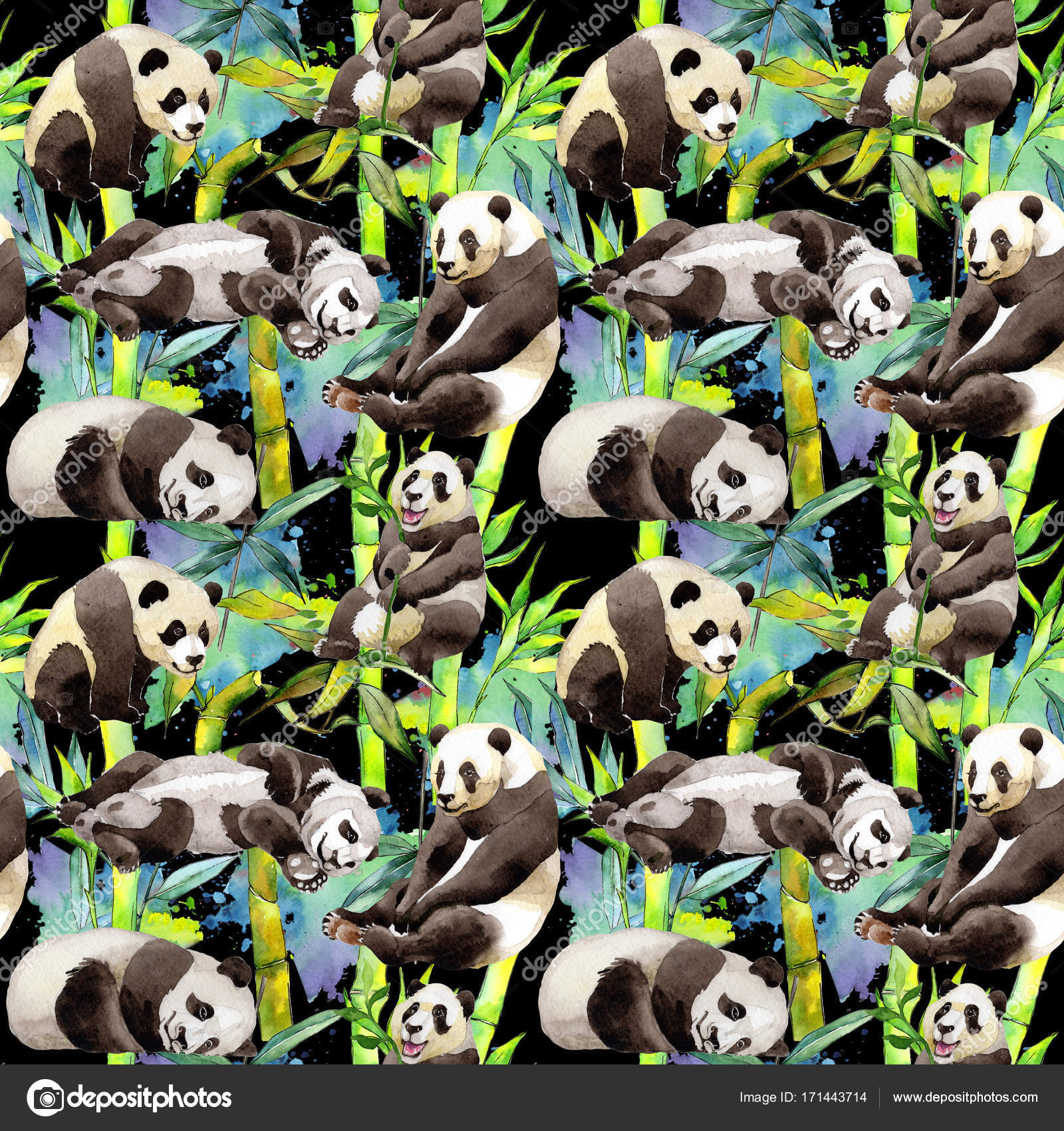 Tropical bamboo tree and panda pattern in a watercolor style. Stock ...