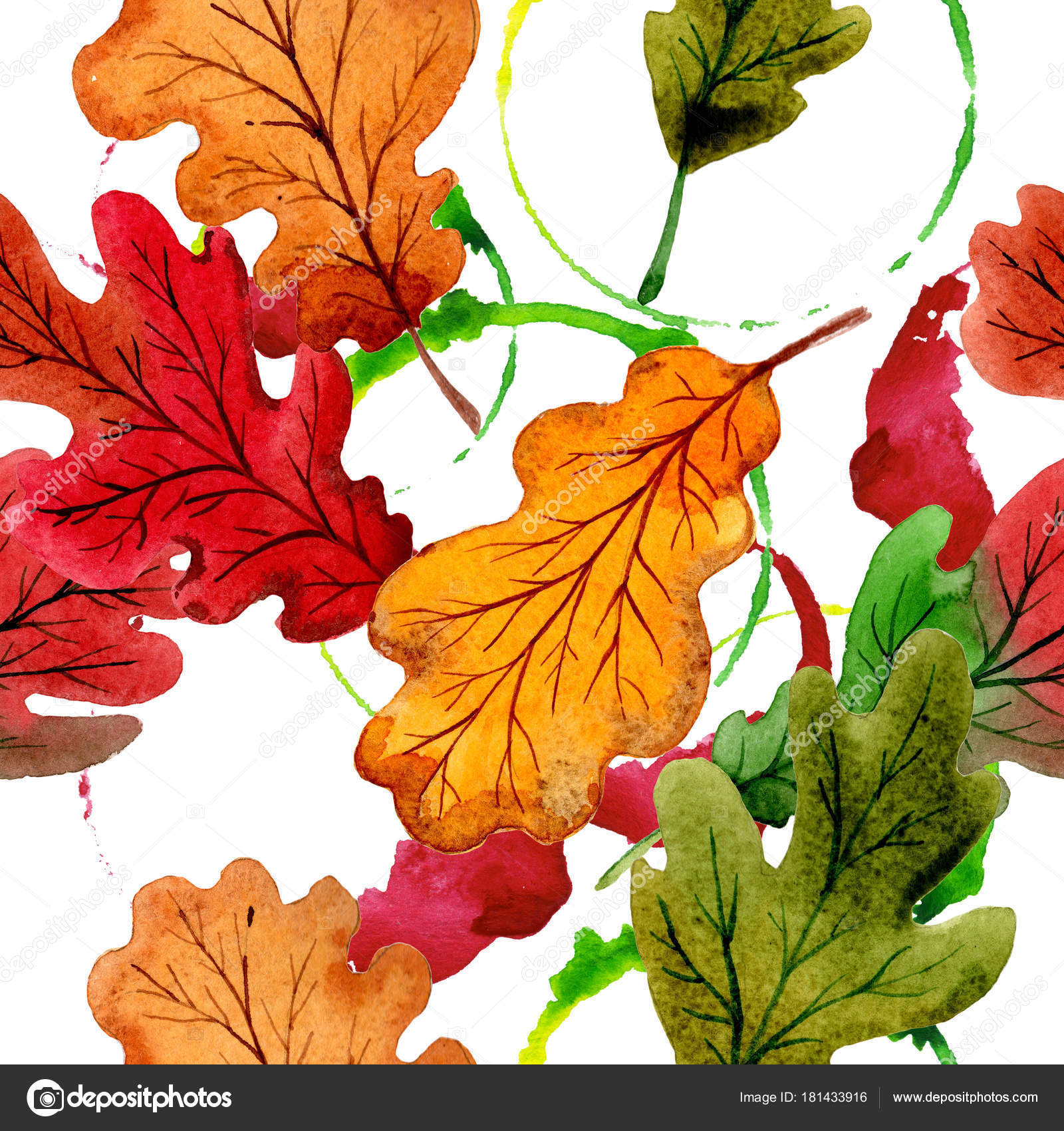 Autumn leaf of oak pattern in a hand drawn watercolor style. Stock ...