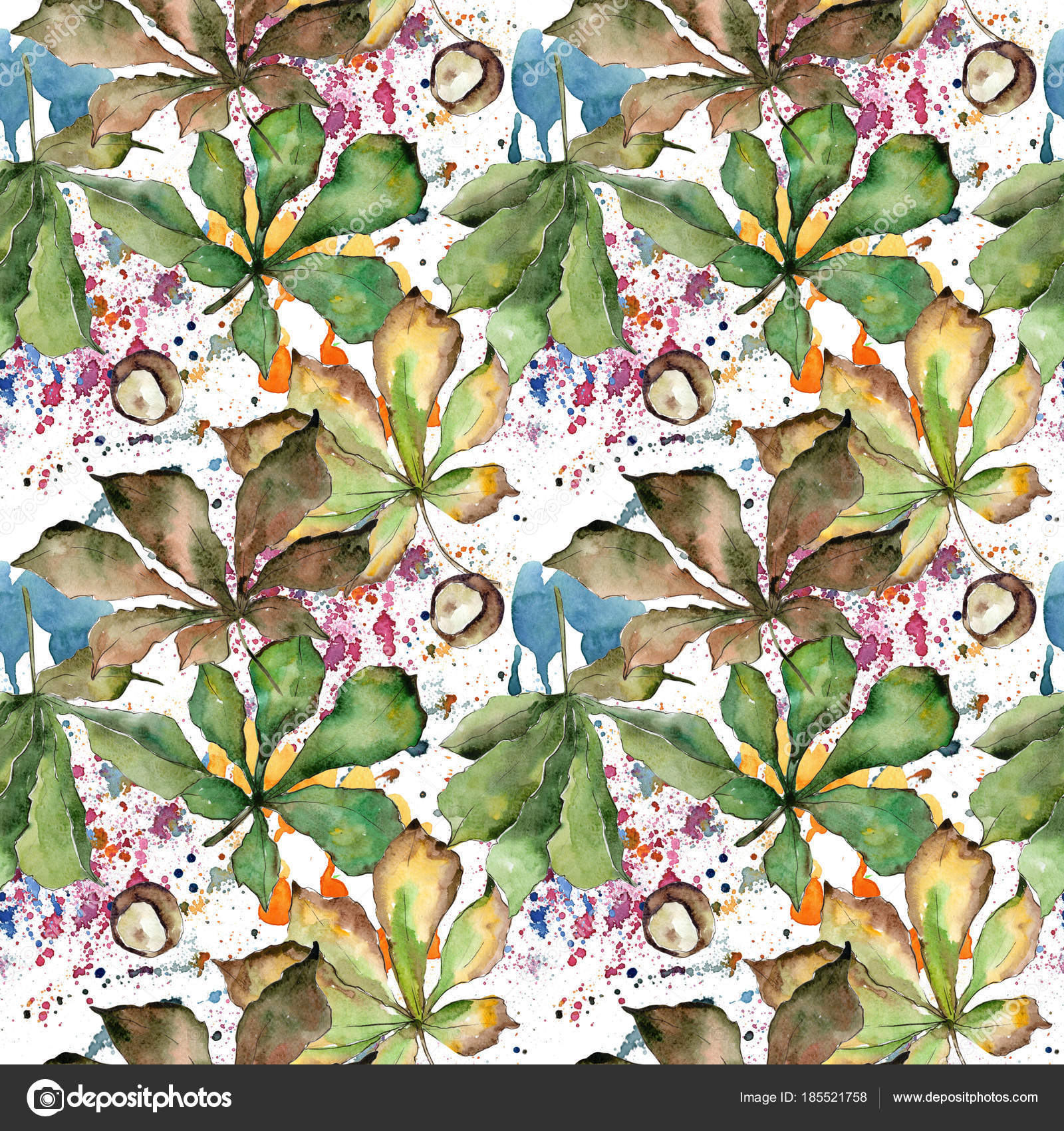 Chestnut leaves pattern in a watercolor style. Stock Illustration by ...