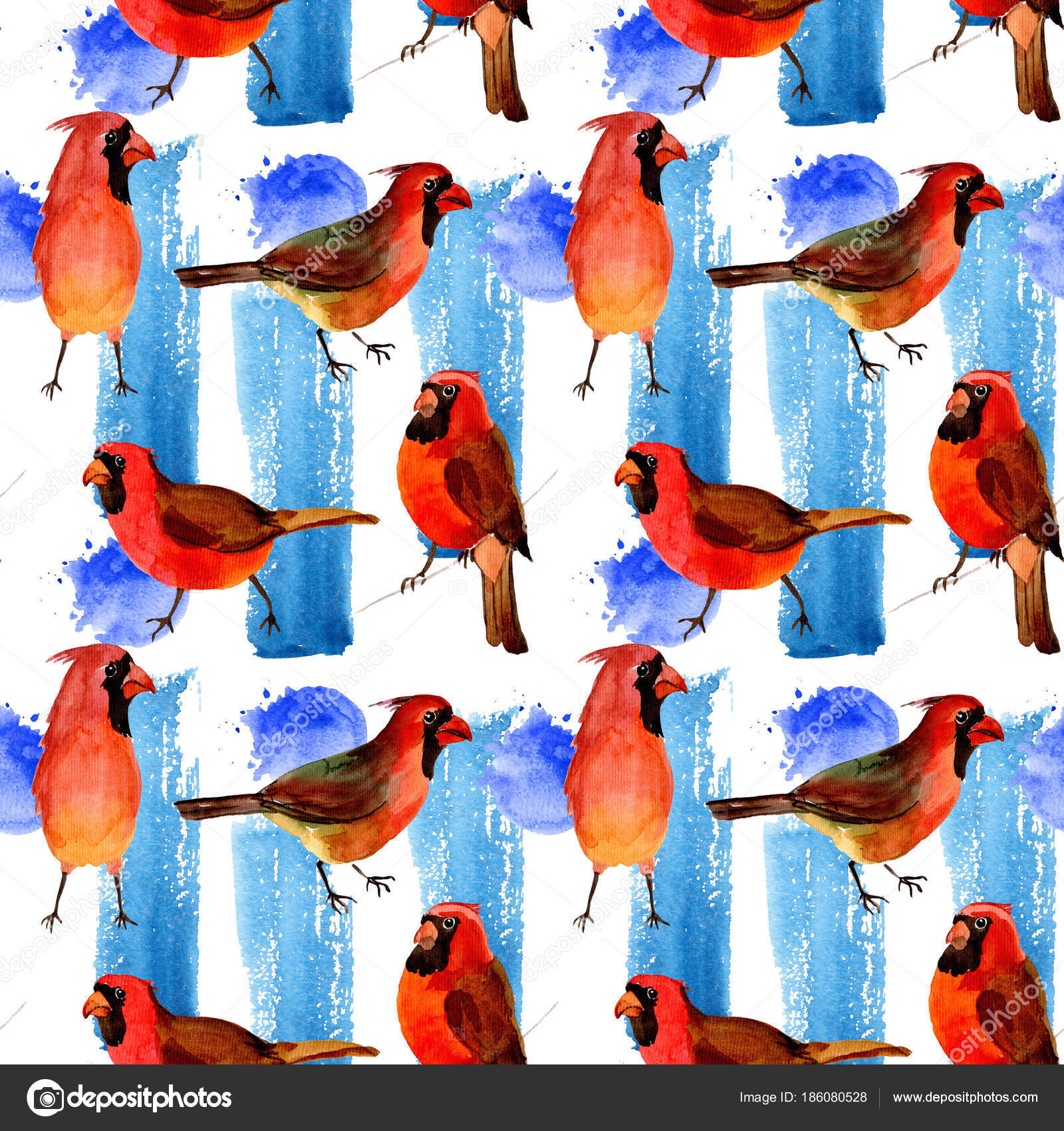 Sky bird red cardinal pattern in a wildlife by watercolor style. Stock ...