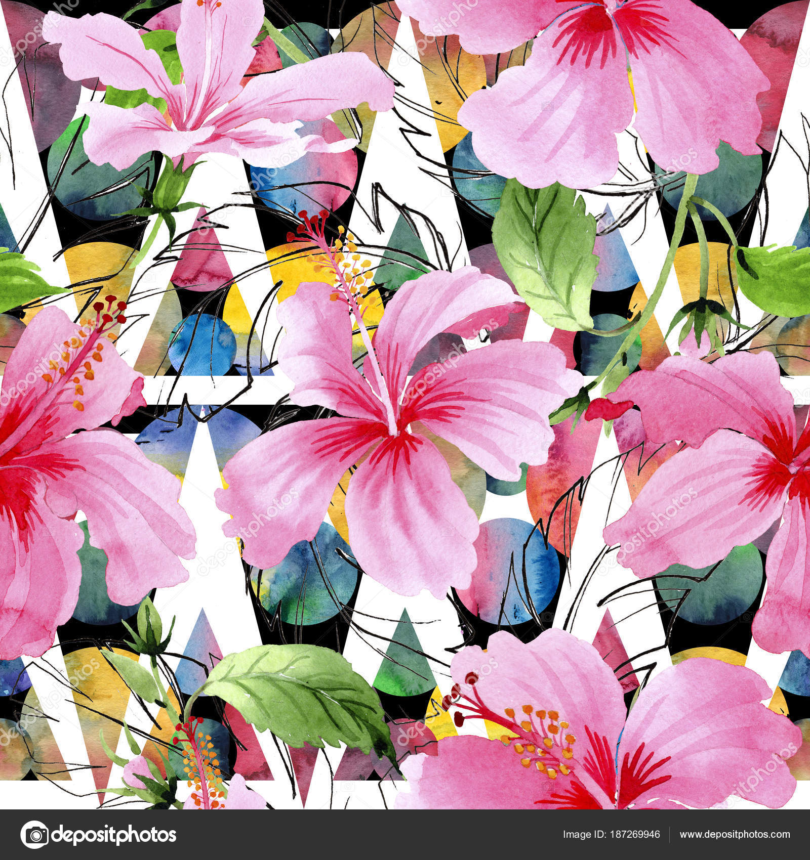 Wildflower hibiscus pink flower pattern in a watercolor style. Stock ...