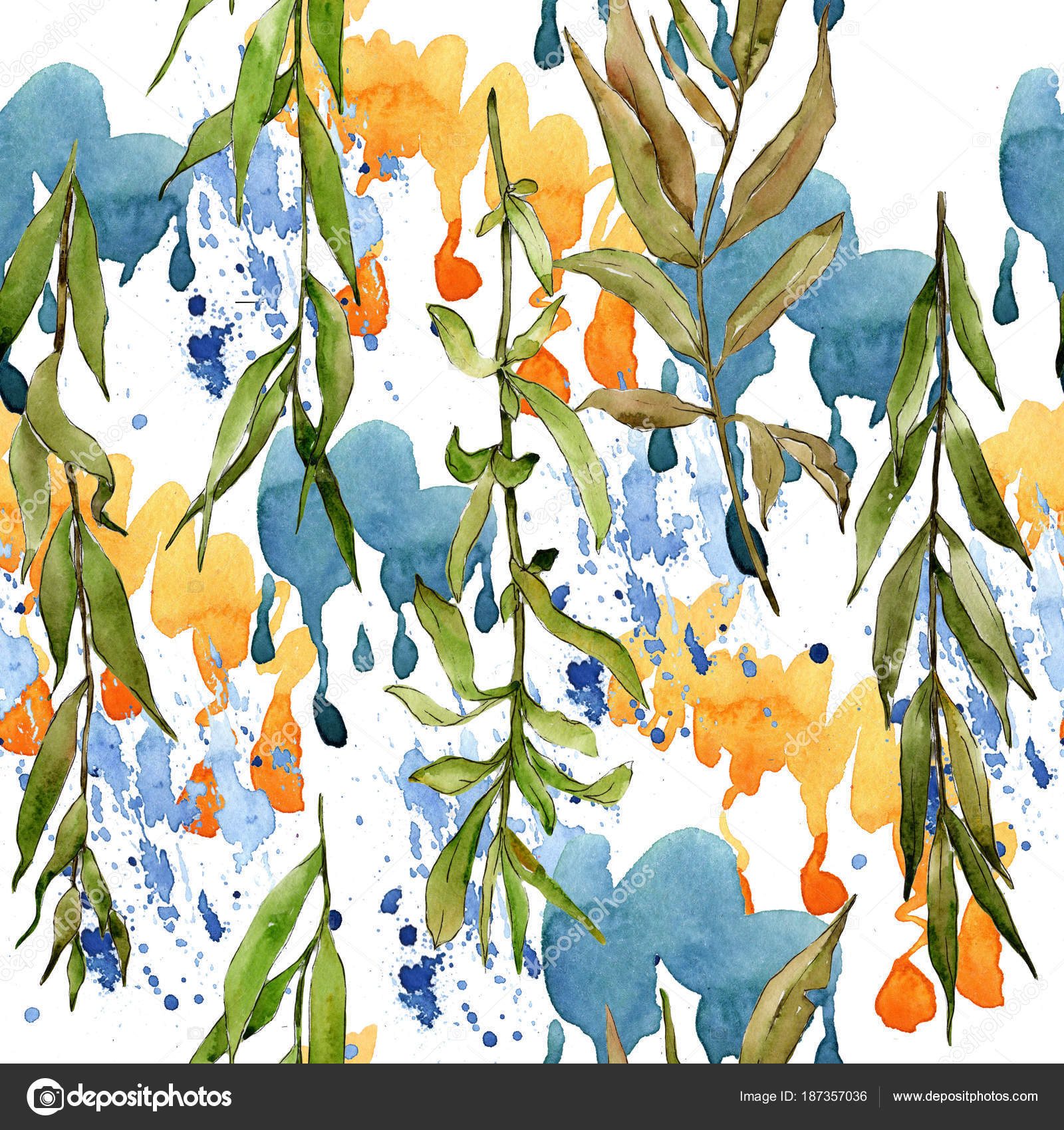 Willow branches pattern in a watercolor style. Stock Illustration by ...