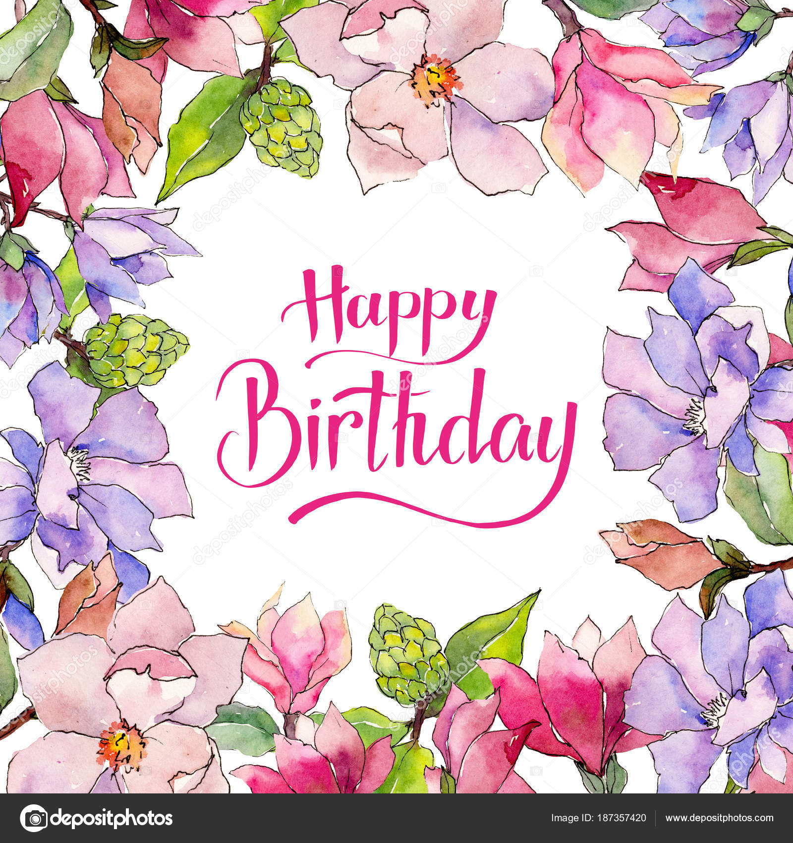 Wildflower magnolia flower frame in a watercolor style. Stock Photo by ...