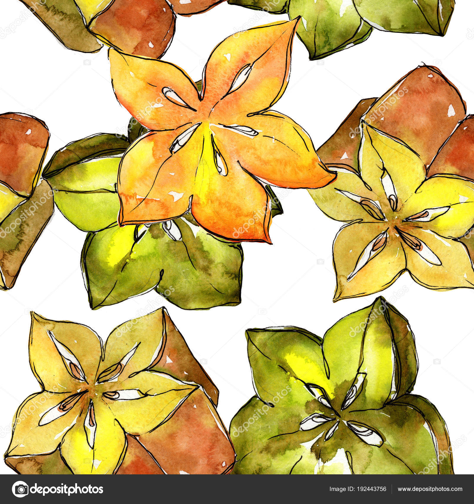 Exotic carambola wild fruit in a watercolor style pattern. Stock Photo ...